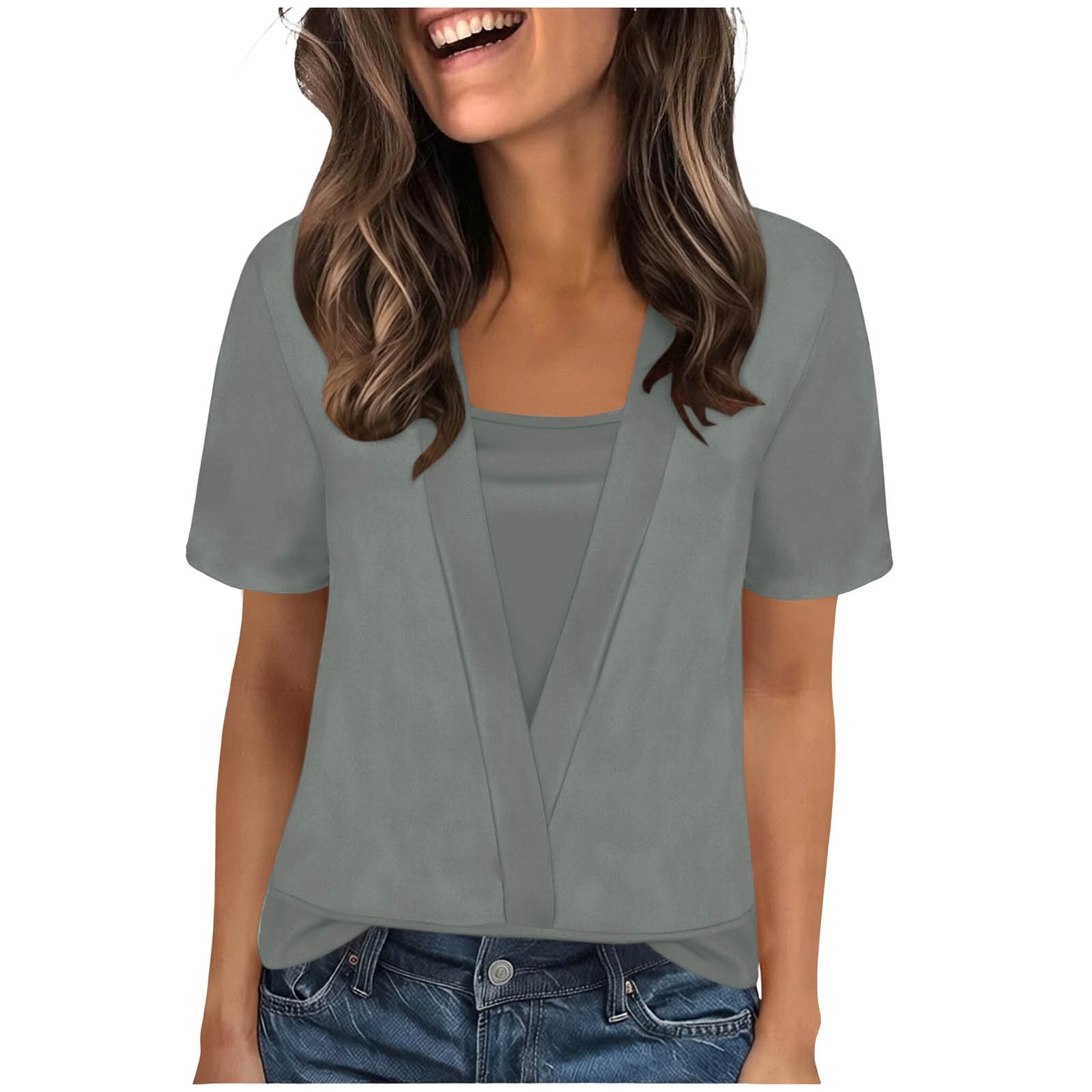 Agkizg Women's Fake Two-Piece Blouse Crew Neck Short Sleeve Solid Color ...