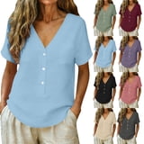 Agkizg Women's Linen Top V Neck Solid Short Sleeve Loose Fitting ...