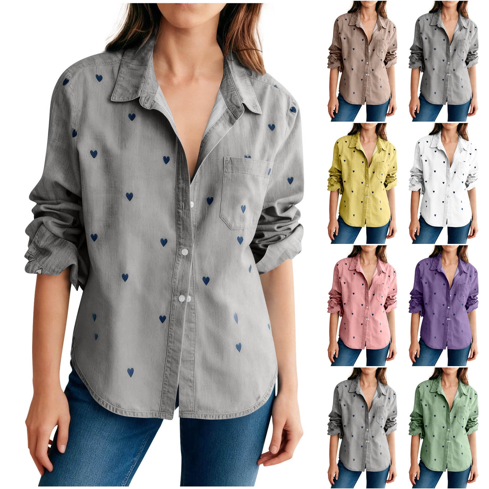 Agkizg Women's Long Sleeve Button Down Shirt, Heart Print Collared ...