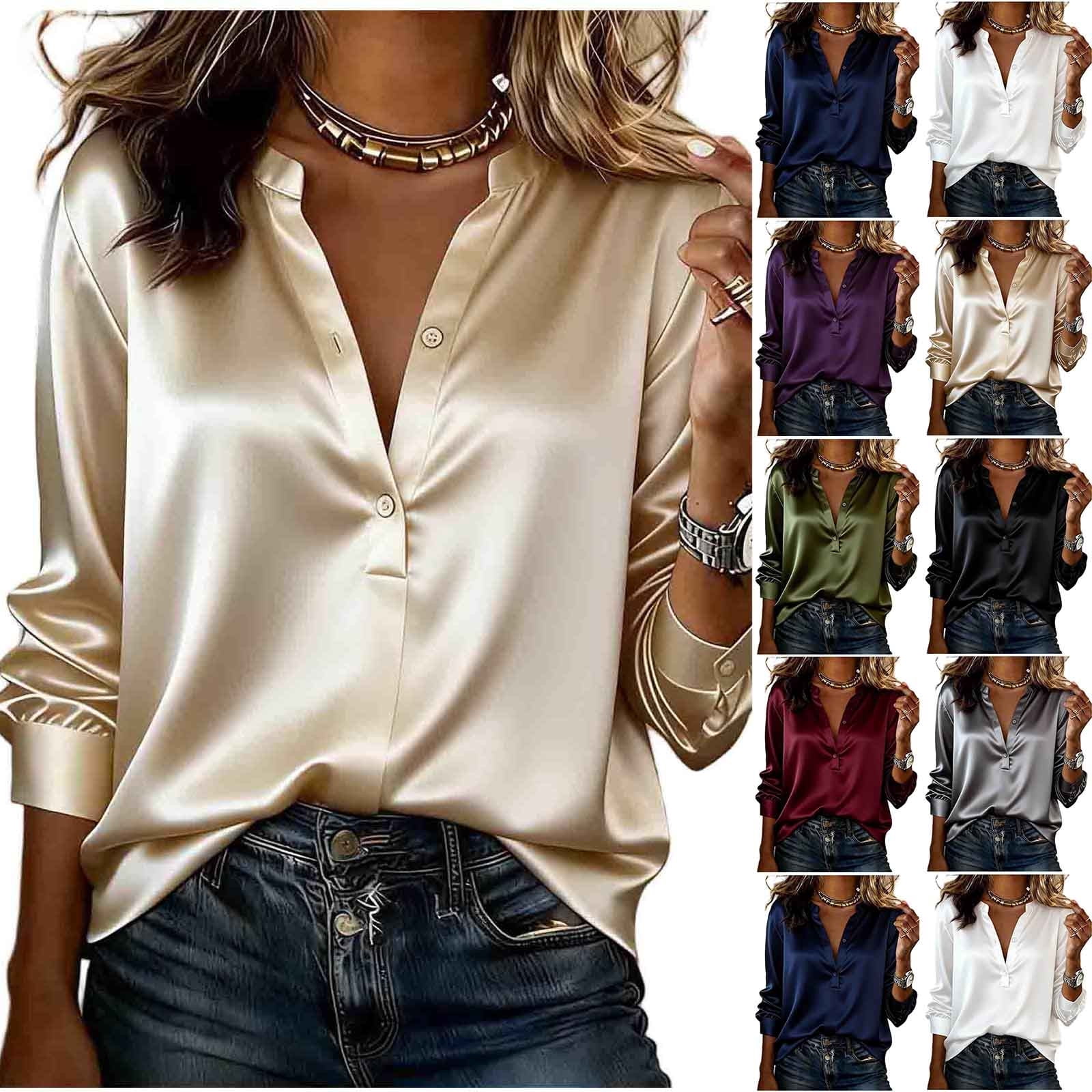 Agkizg Women's Long Sleeve V Neck Pullover Top, Satin Solid Casual ...