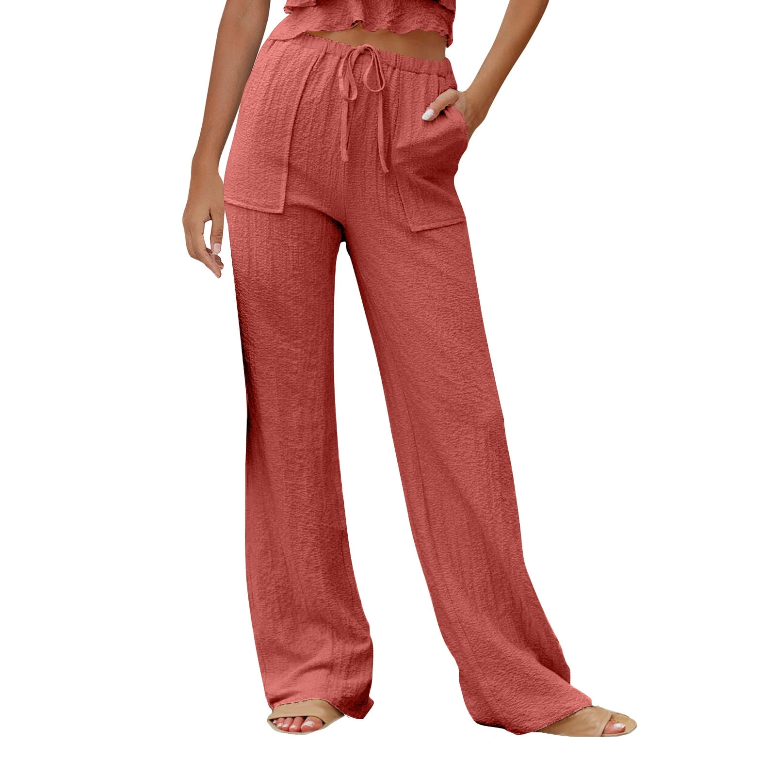 Agkizg Women's Pants Solid Color Full Length High Waist Casual Daily ...