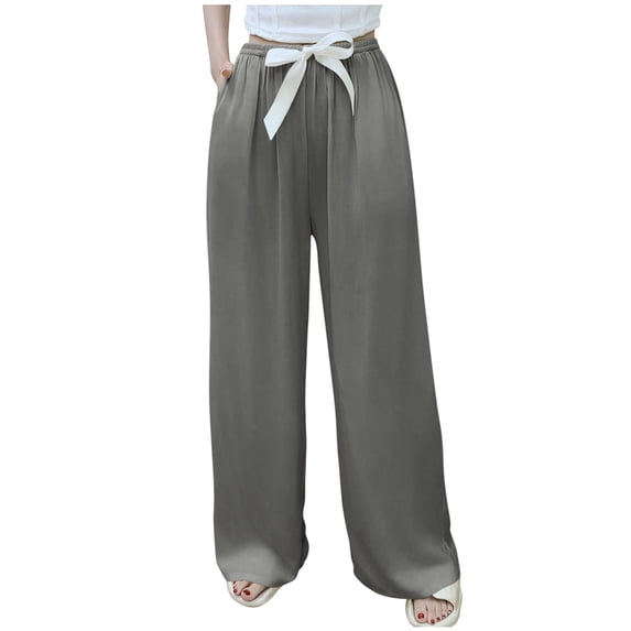 Agkizg Women's Pants Solid Color Full Length Wide Leg Elastic Waistband ...