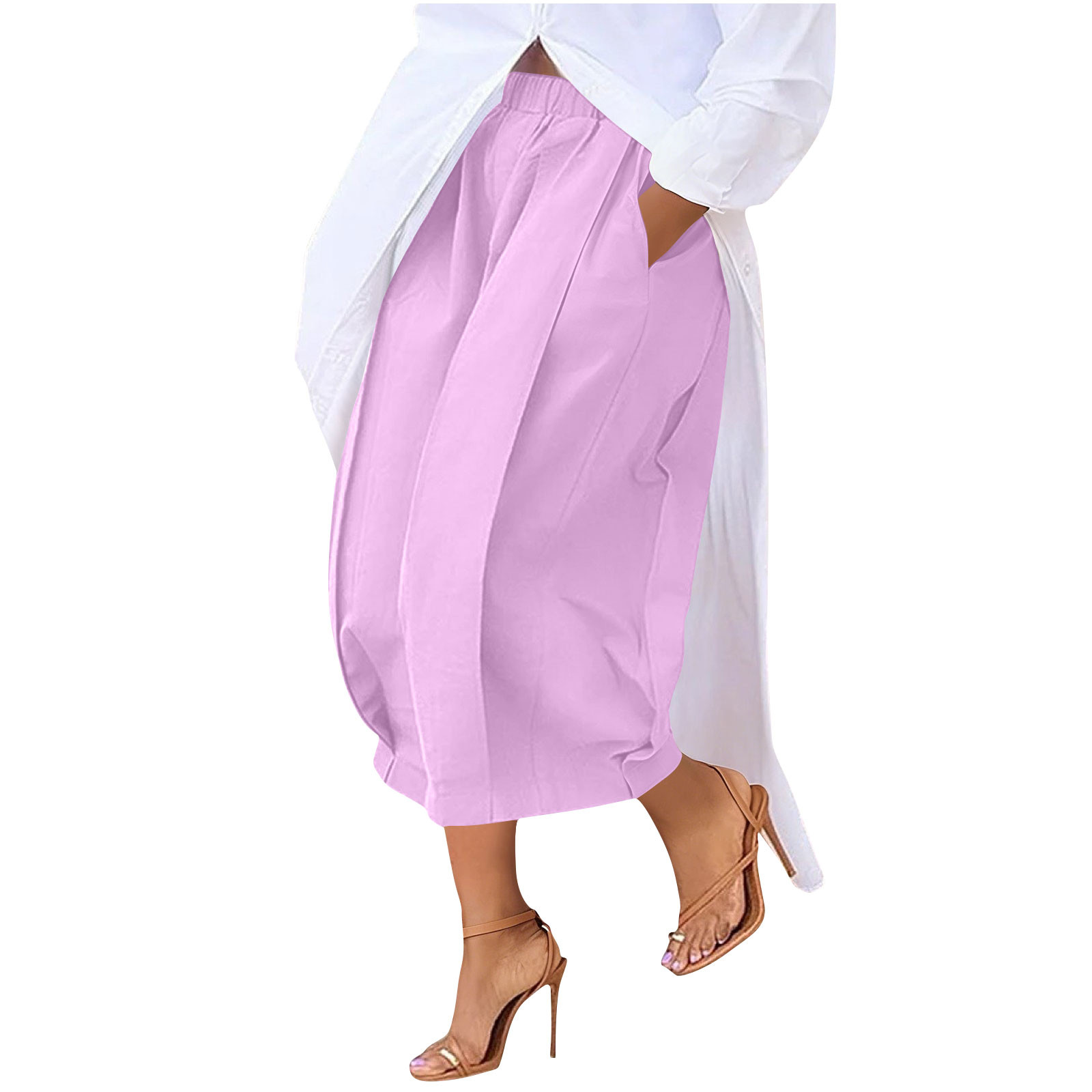 Agkizg Women's Pants Solid Color Length Wide Leg Elastic Waistband ...