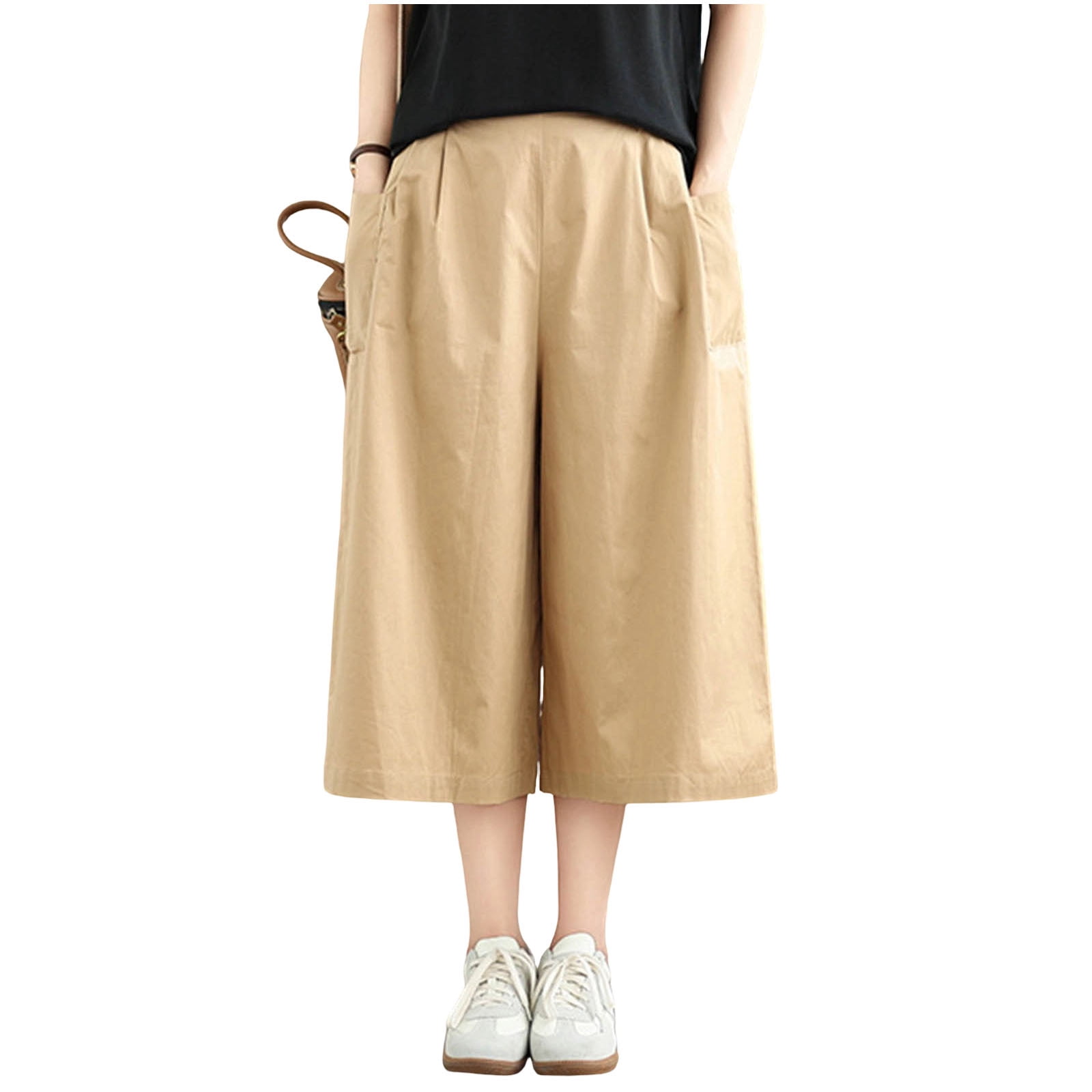 Agkizg Women's Pants Solid Color Wide Leg Length Elastic Waistband ...