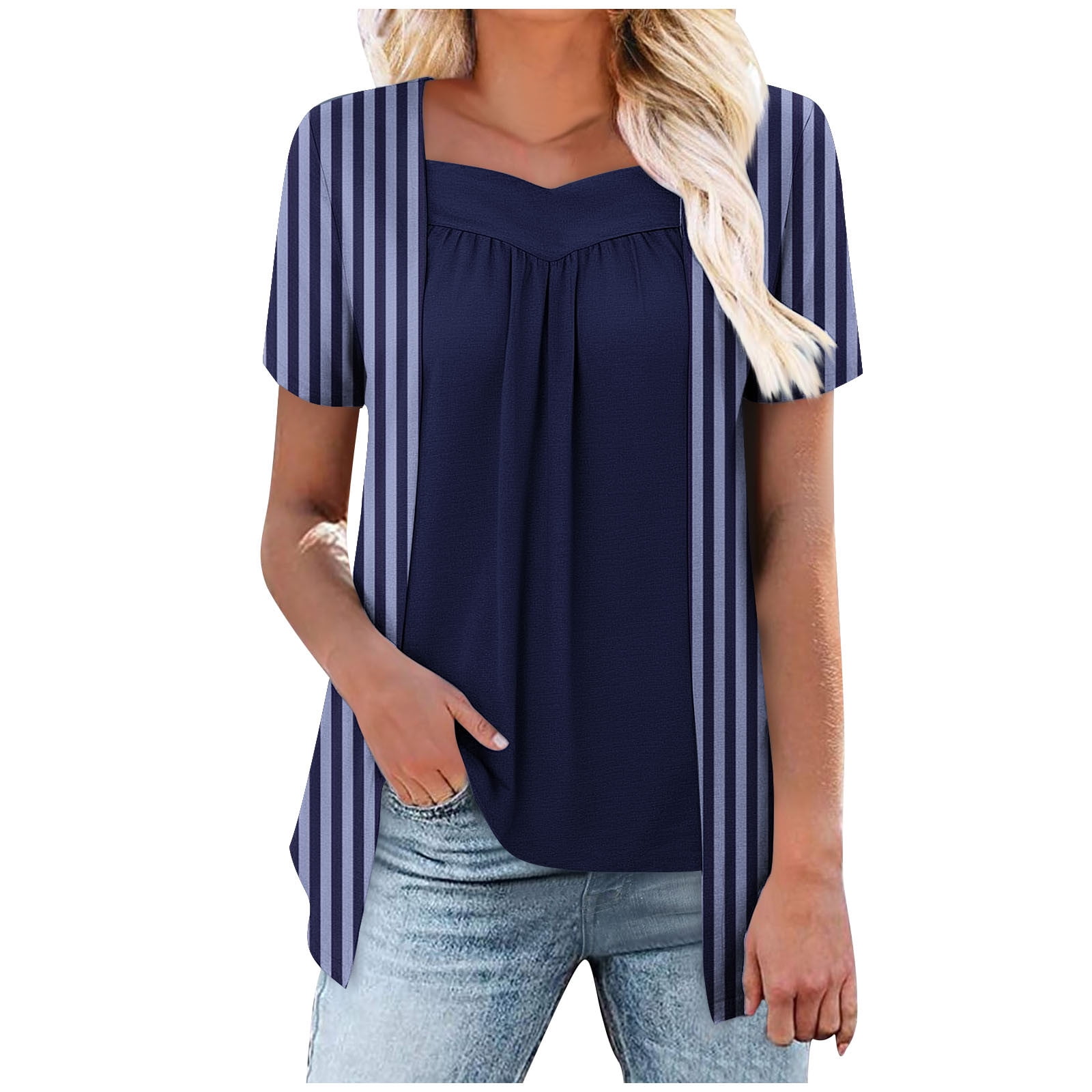Agkizg Women's V Neck Short Sleeve Fake Two-Piece Top Striped Flat Neck ...