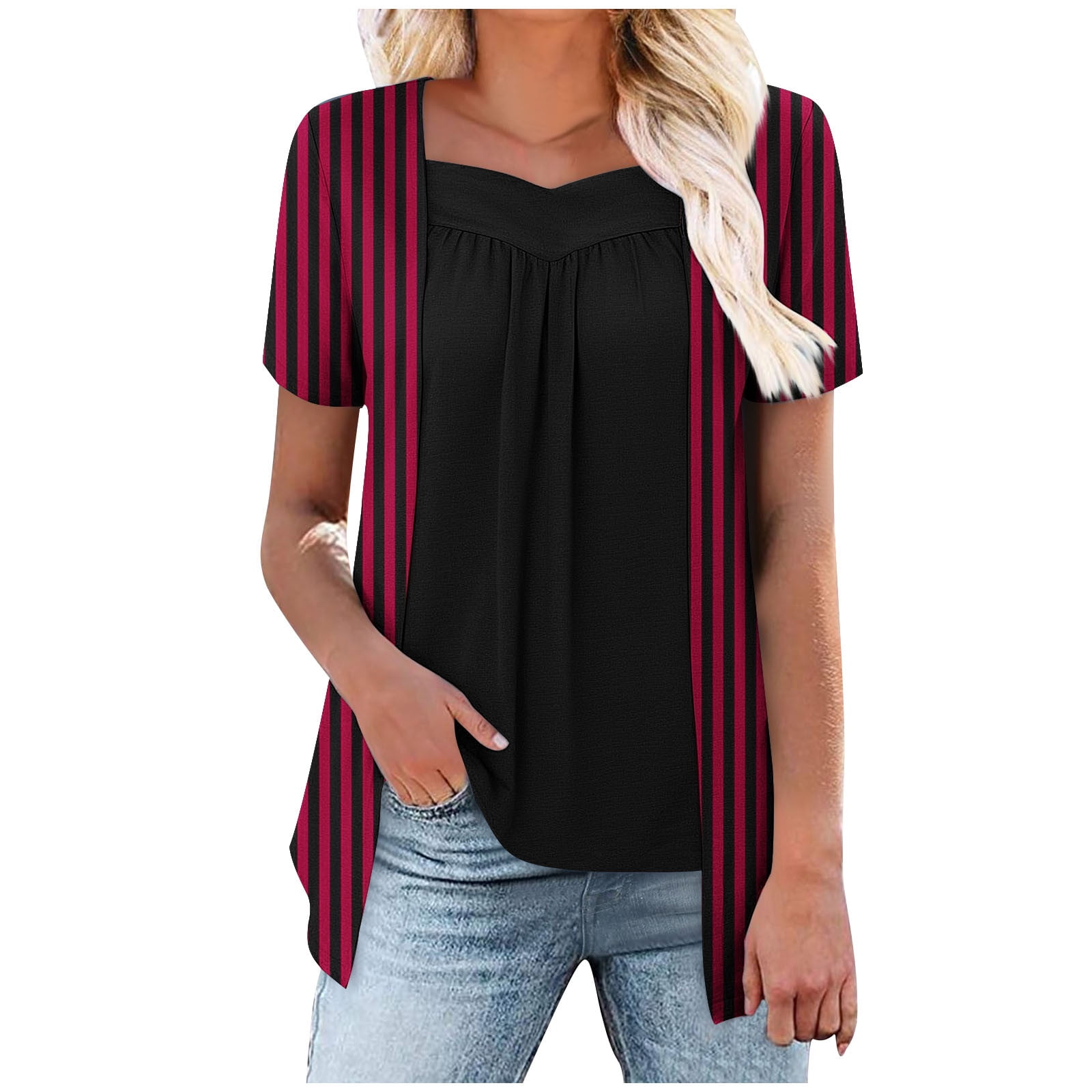 Agkizg Women's V Neck Short Sleeve Fake Two-Piece Top Striped Flat Neck ...
