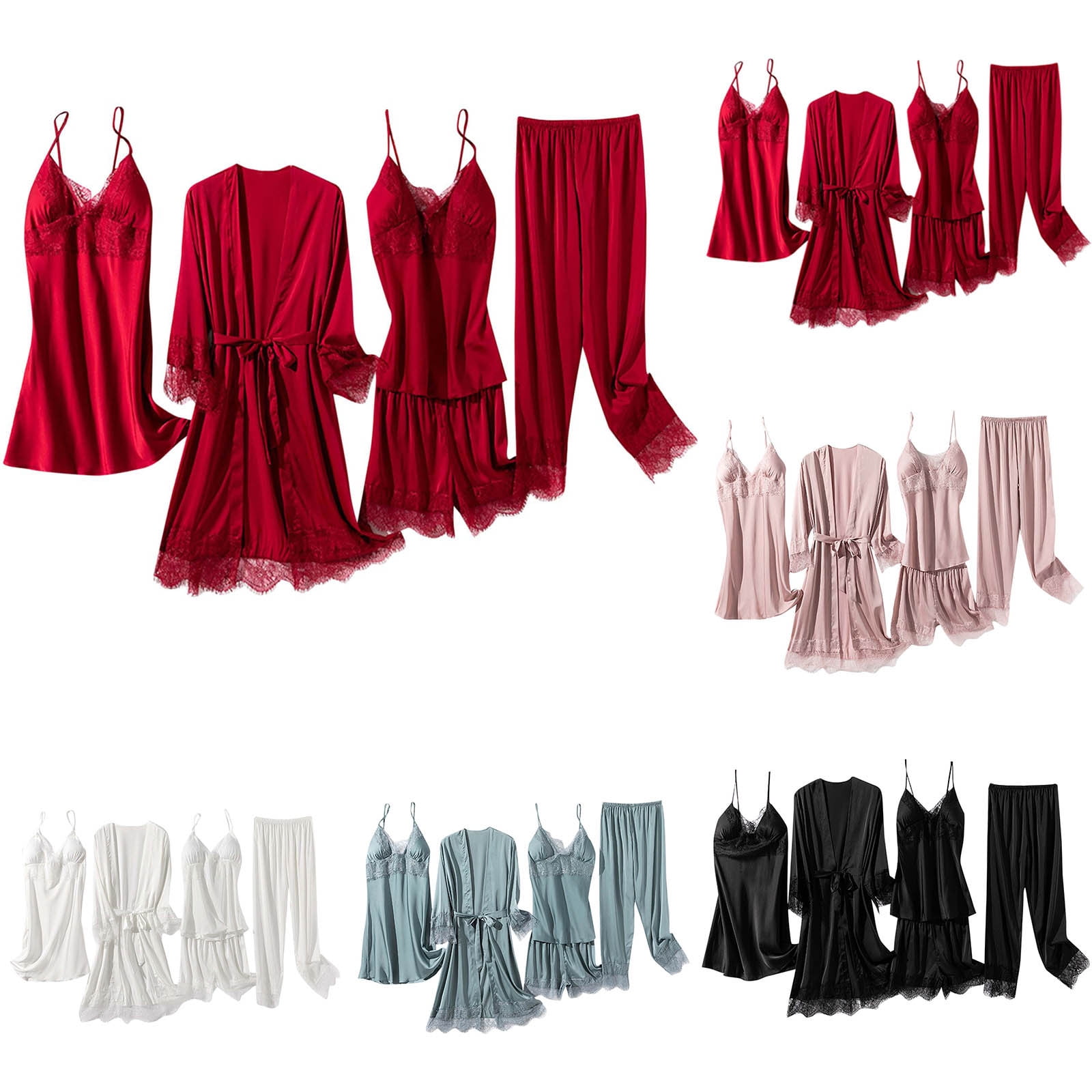 Agkizg Womens Silk Satin Pajama Set Five-piece Pjs Sets Plus Size Lace ...