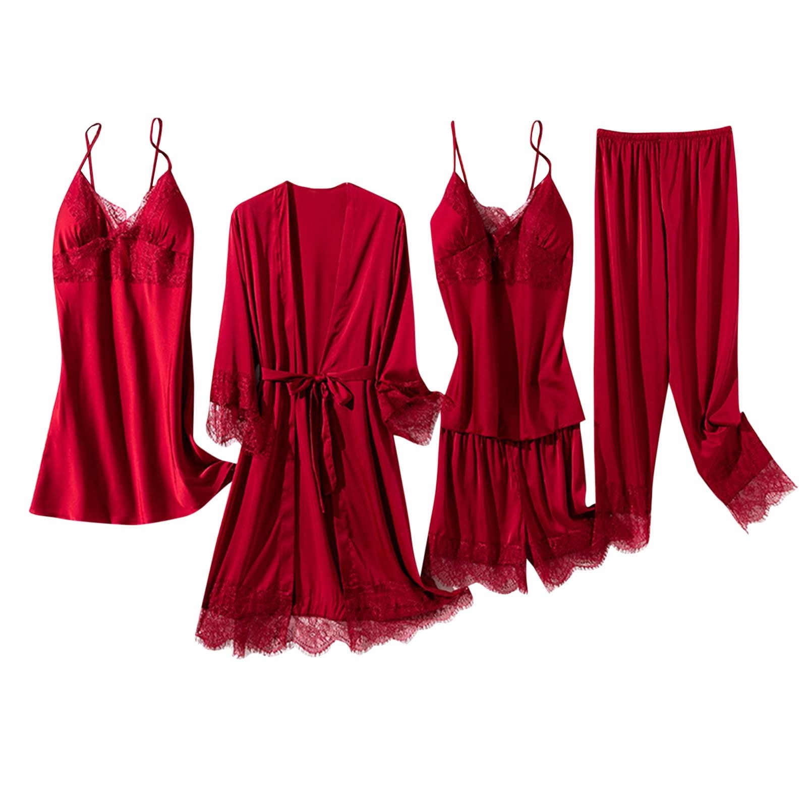 Agkizg Womens Silk Satin Pajama Set Five-piece Pjs Sets Plus Size Lace ...