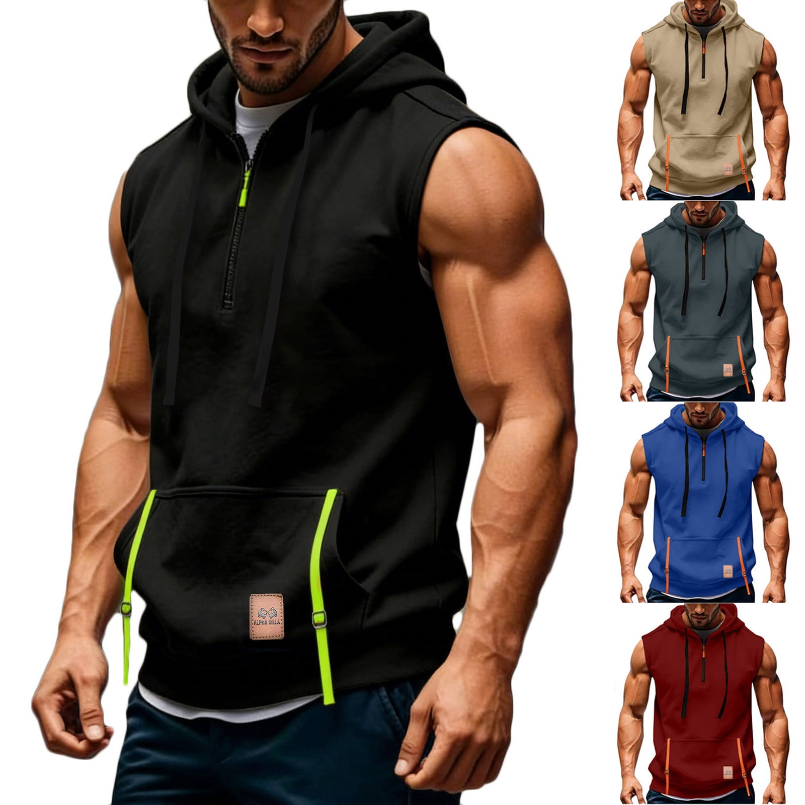 Agkizg Workout Shirts Sleeveless Hooded Pullover Tank Top Half Zipper ...