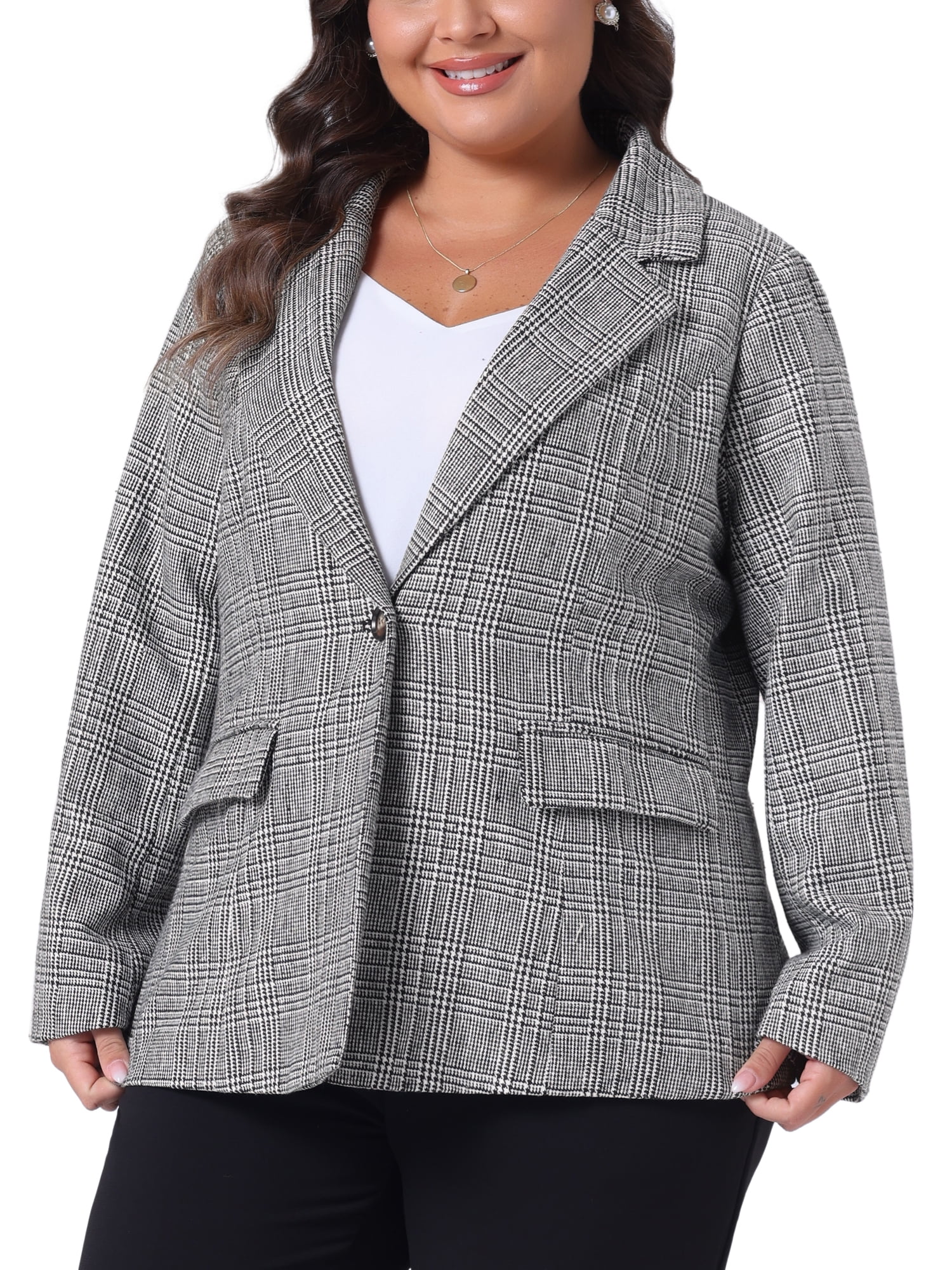 Agnes Orinda Blazers for Women Plus Size Plaid Notched Lapel Long ...