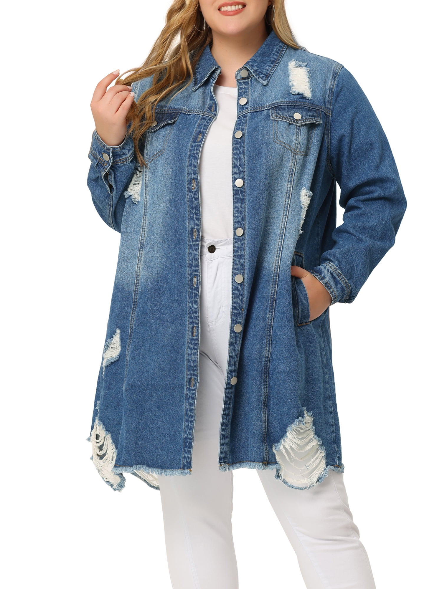 Agnes Orinda Jean Jacket for Women Plus Size Distressed Long Sleeve ...