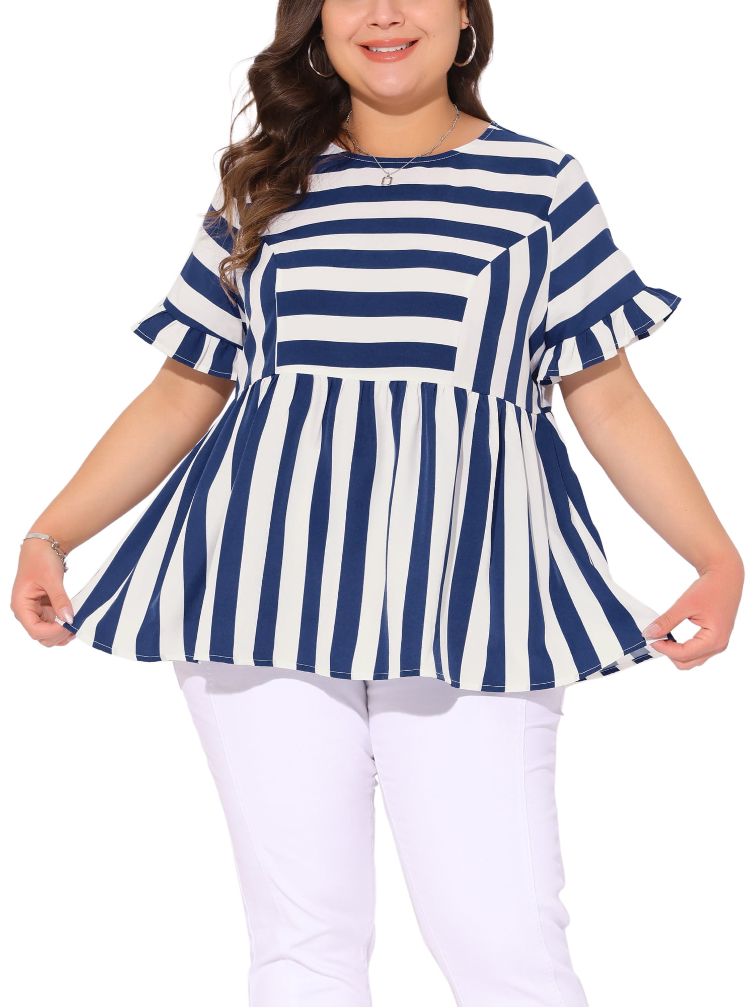 Agnes Orinda Women's Plus Size Stripe Tops Ruffle Short Sleeve Peplum ...