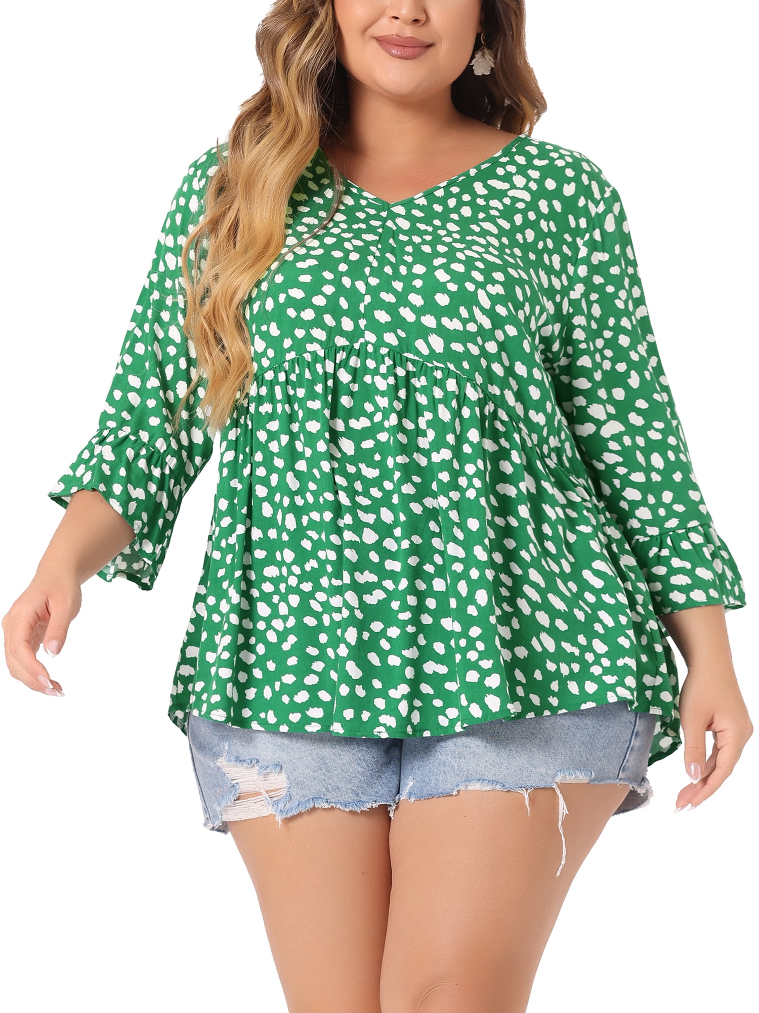 GRACE & GRANDEUR Women's Plus Size Tops 3/4 Sleeve V Neck Peplum Hem ...