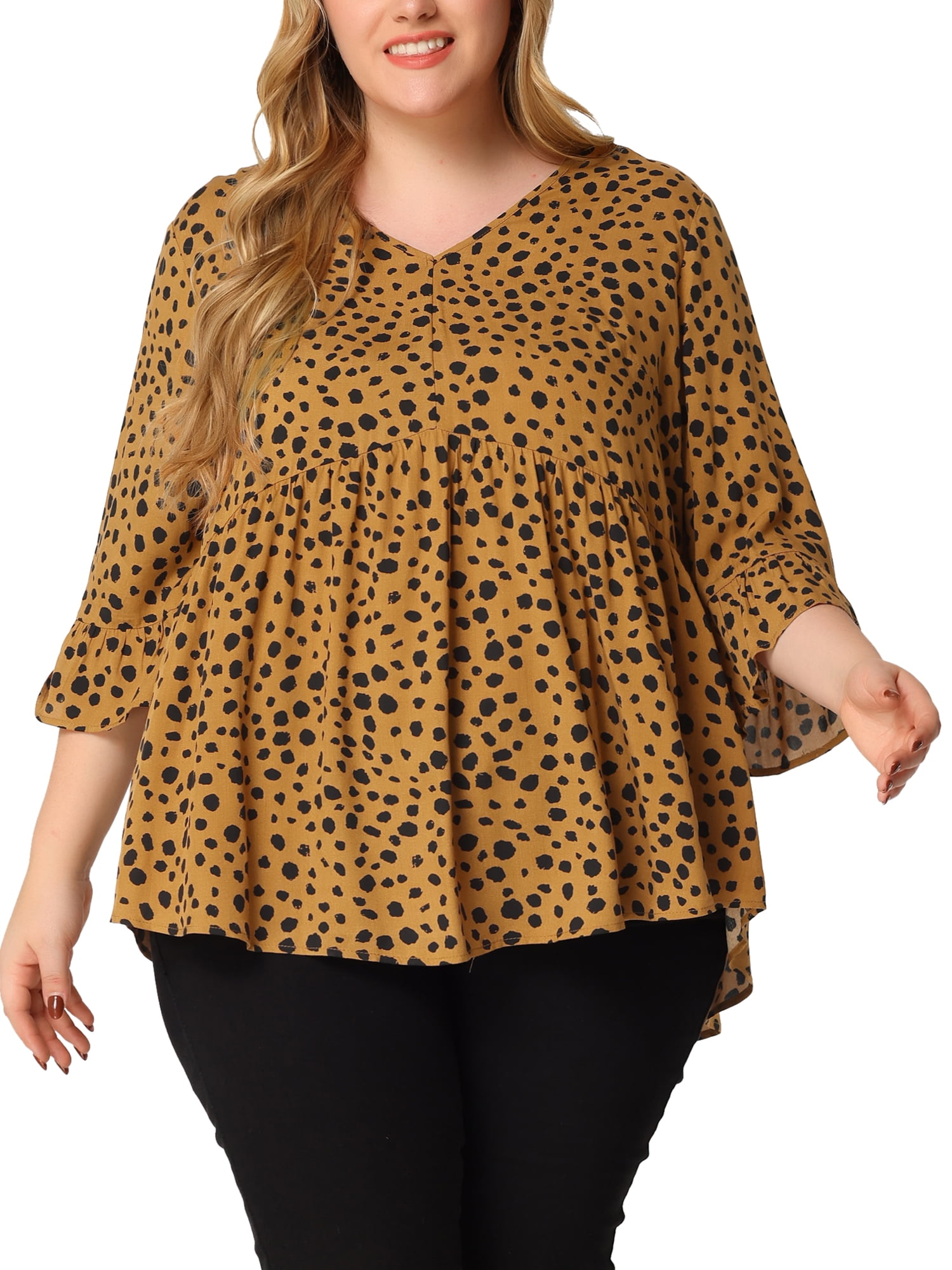 GRACE & GRANDEUR Women's Plus Size Tops Polka Dots V Neck 3/4 Sleeves ...
