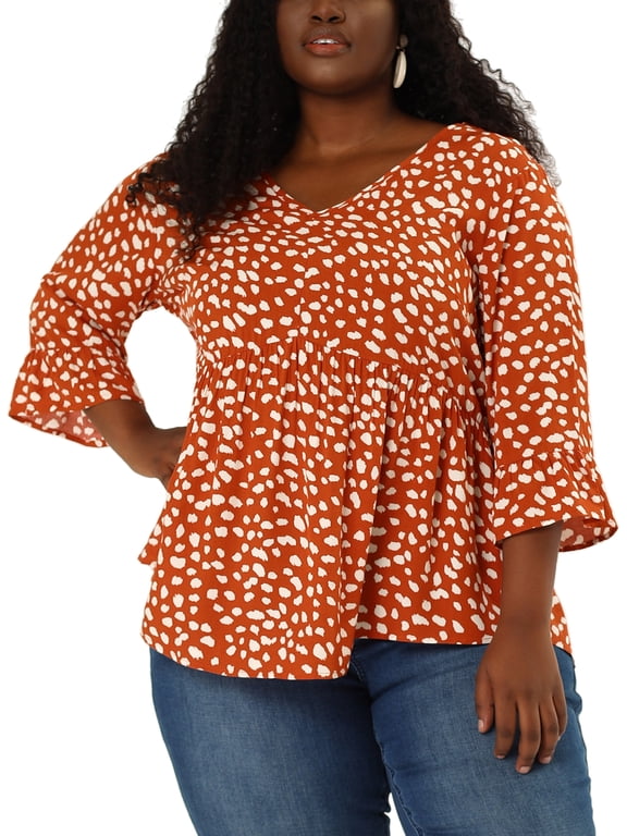 Women Plus Size Peasant V Neck Blouses Roll Up Long Sleeve Baggy ...