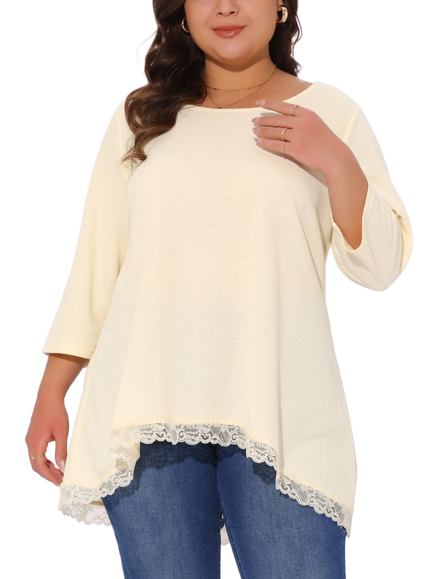 Agnes Orinda Plus Size Blouse for Women Waffle 3/4 Sleeve Round Neck ...