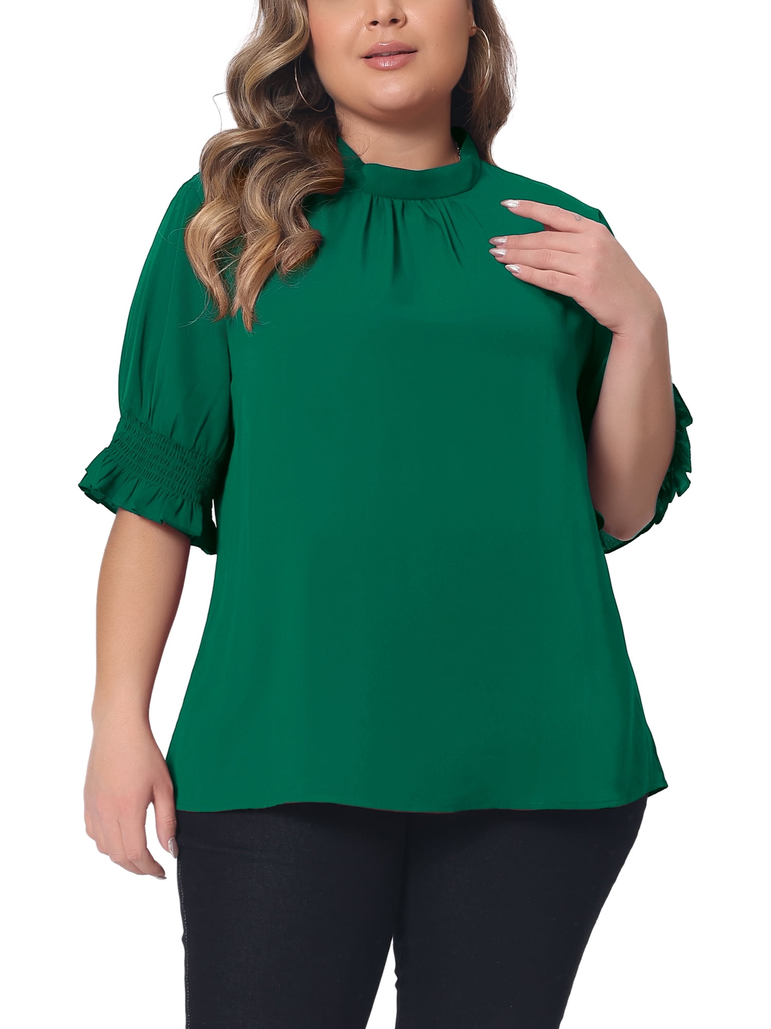 Agnes Orinda Plus Size Blouse for Women Work Office Pleated Solid Short ...
