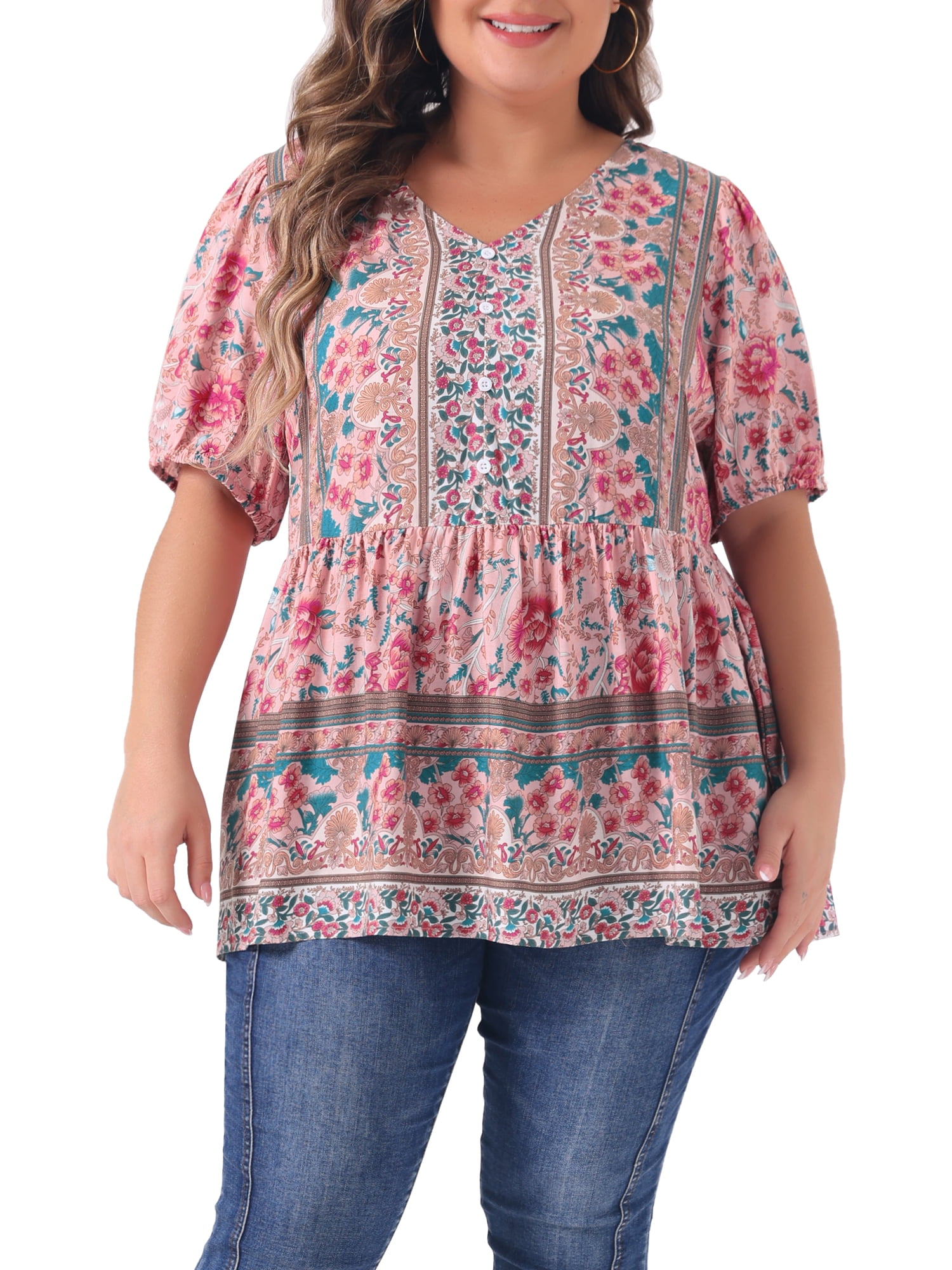 Agnes Orinda Women's Plus Size Boho Tops Floral Print V Neck Short ...