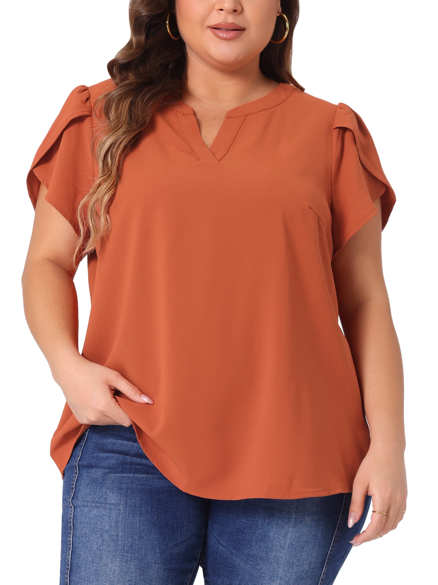 Agnes Orinda Women's Plus Size Blouses Notched V Neck Short Petal ...