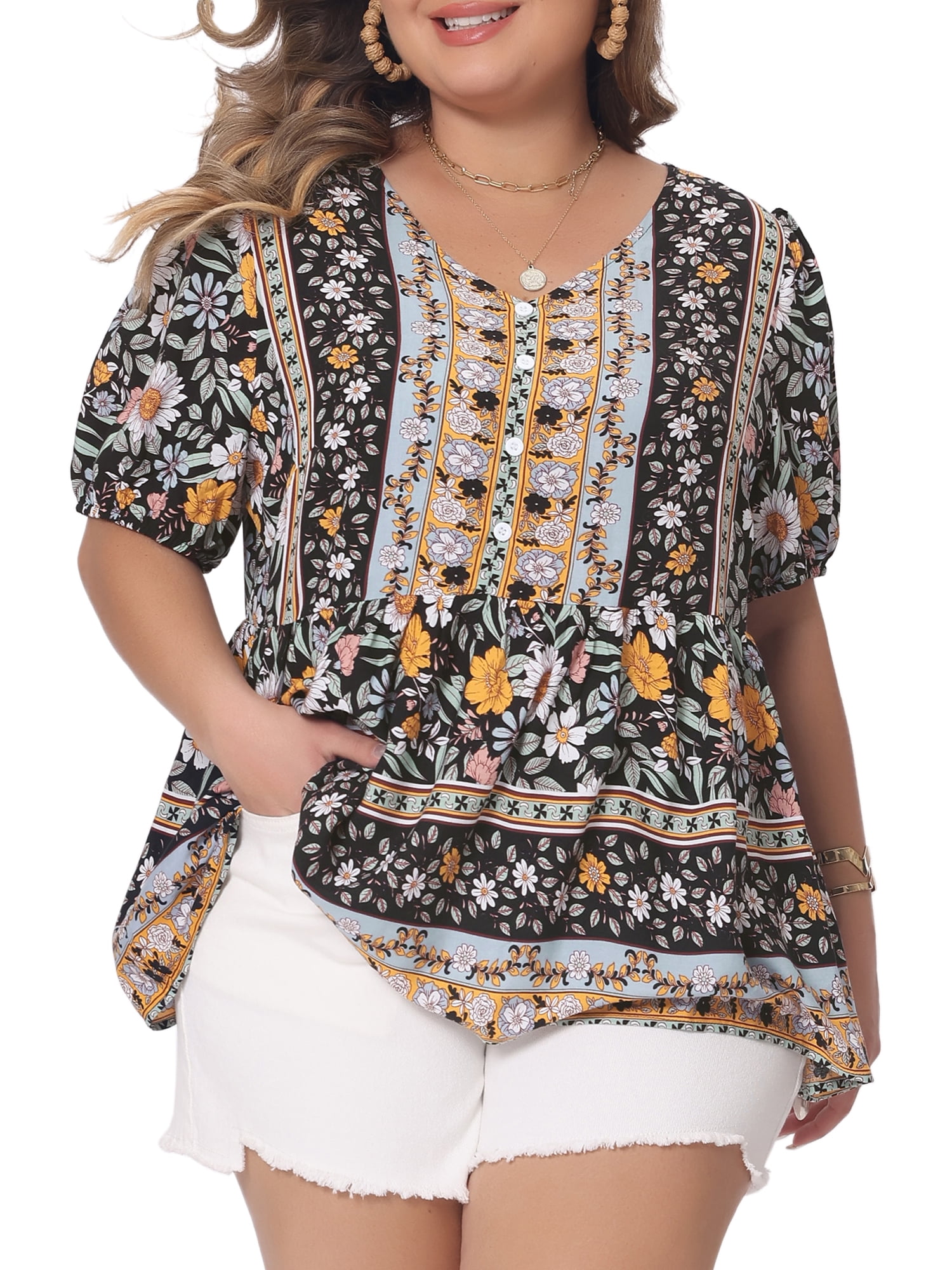 Agnes Orinda Plus Size Boho Tops For Women Floral Print V Neck Short