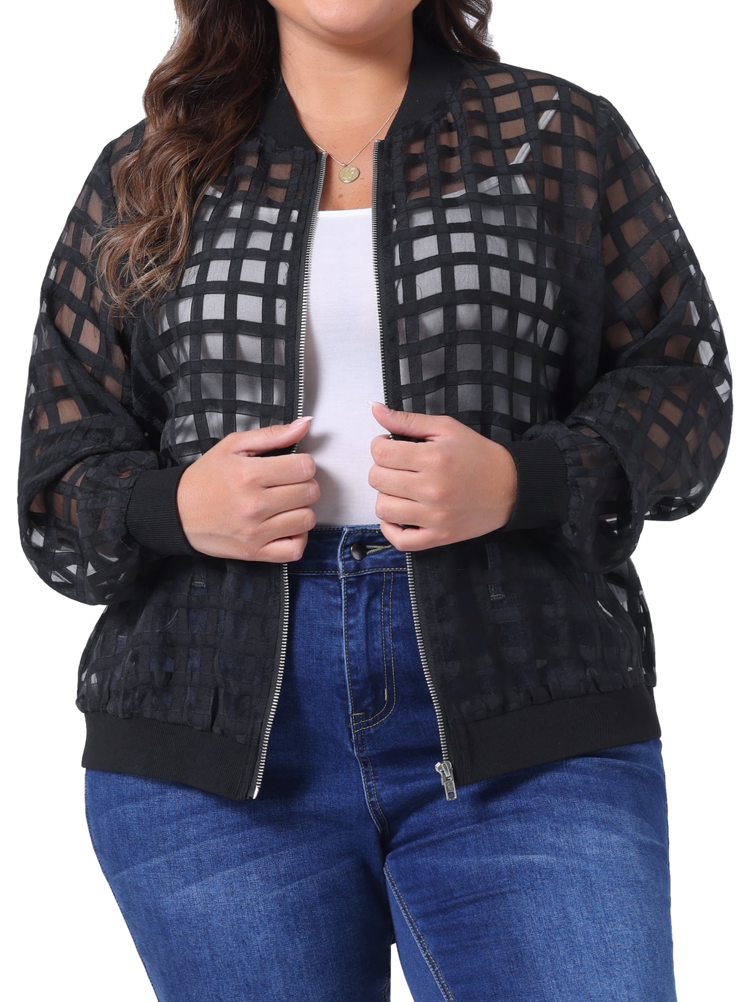 Plus Size Bomber Jacket for Women Hollow Out Long Sleeve Baseball ...