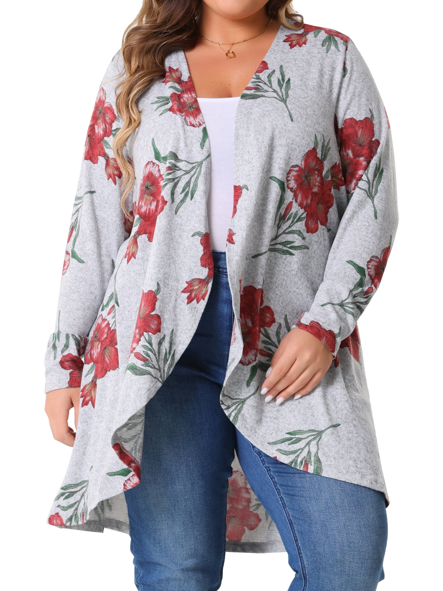 Agnes Orinda Plus Size Cardigan for Women Lightweight Long Sleeve Floral Knit High Low Hem ...