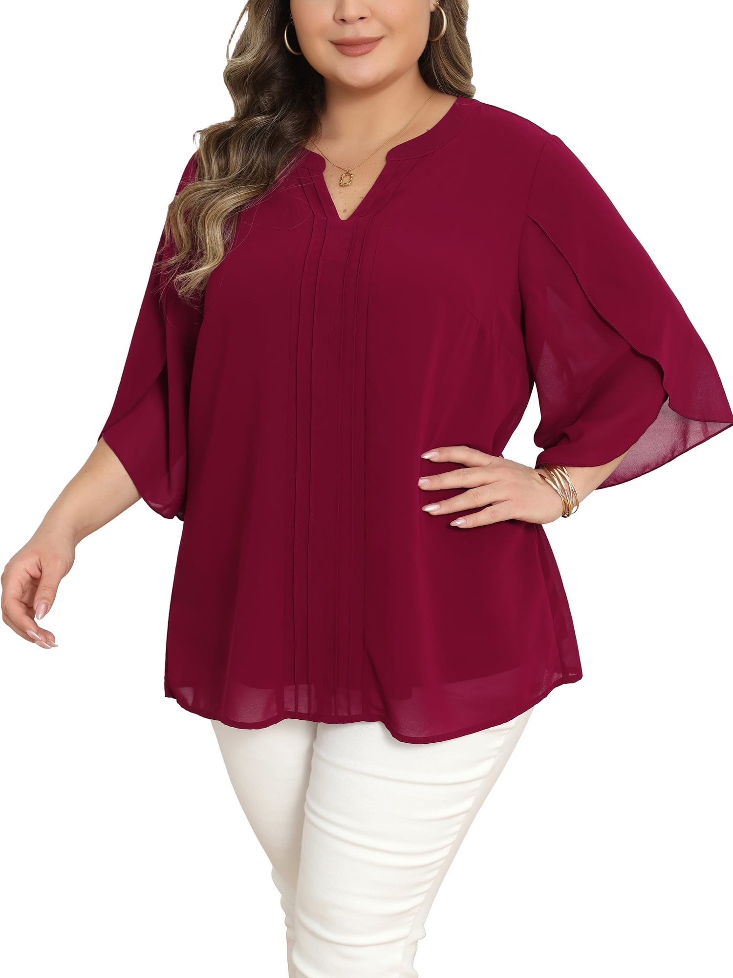 Agnes Orinda Women's Plus Size Chiffon Tops Notch V Neck 3/4 Tulip ...