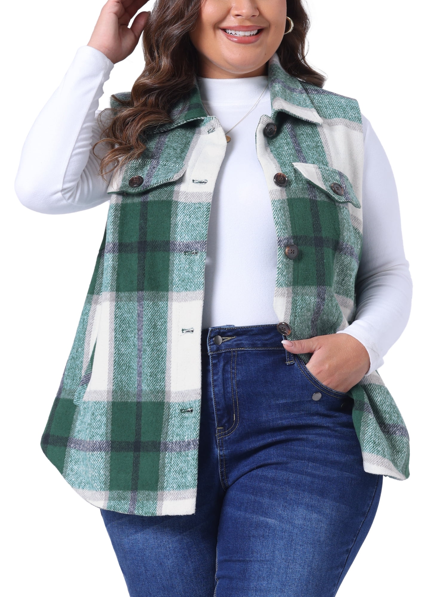 Agnes Orinda Plus Size Coat for Women Plaid Vest Coat Slash Pocket ...
