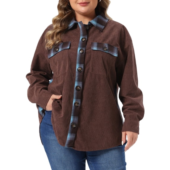 Agnes Orinda Women's Plus Size Corduroy Shacket Plaid Contrast Patch ...