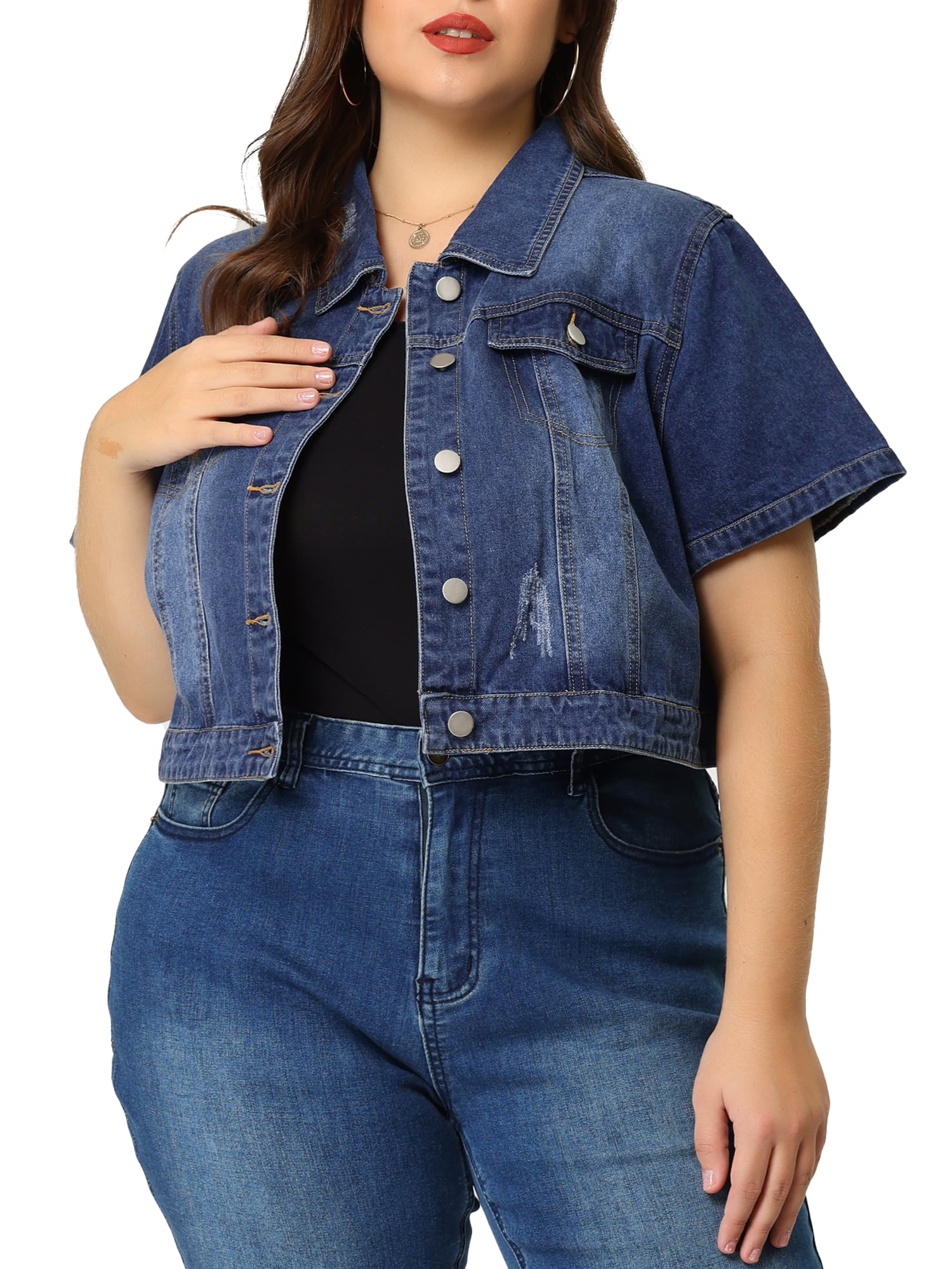 Agnes Orinda Women's Plus Size Cropped Denim Jacket, Short Sleeves ...