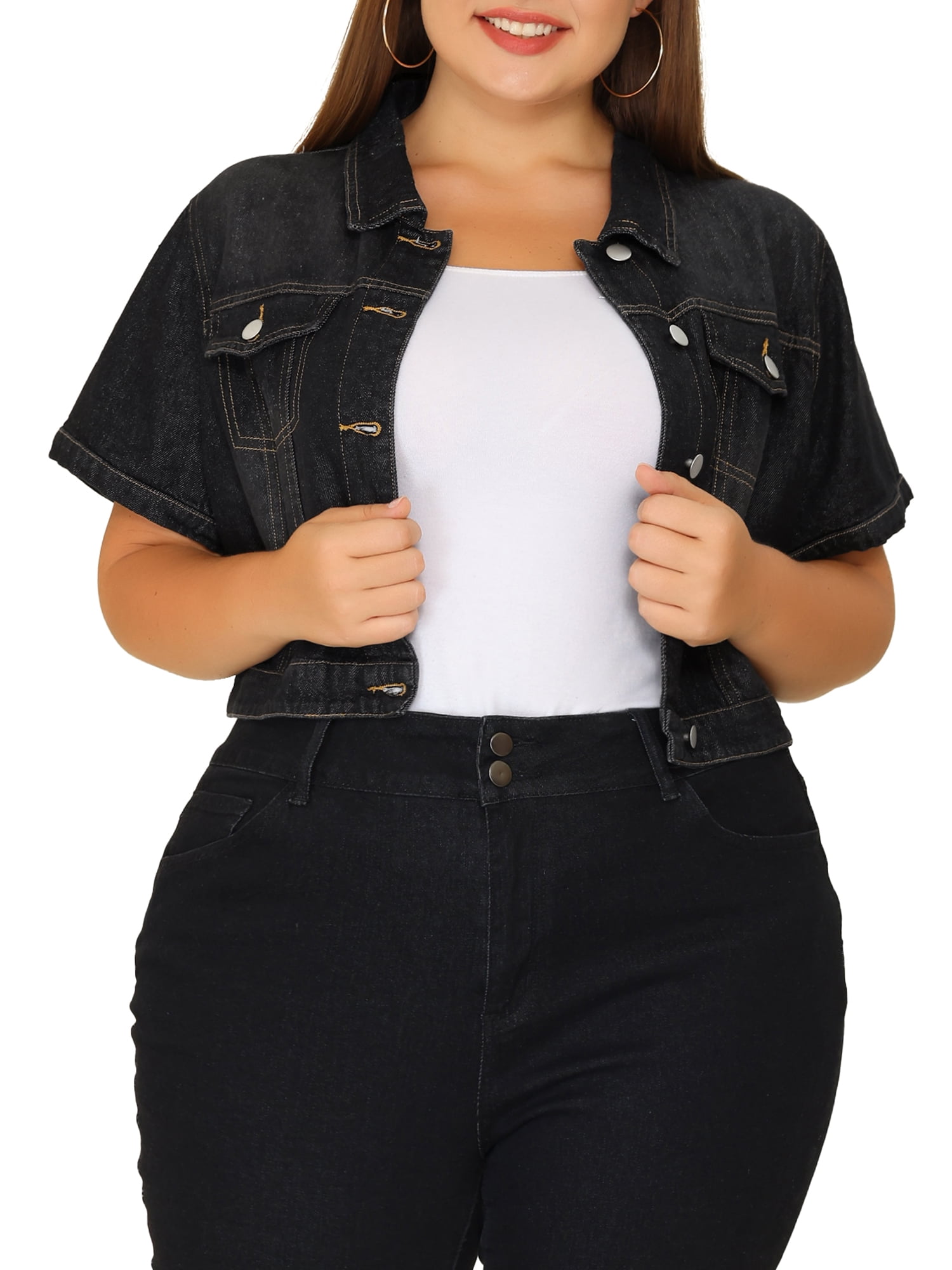 Agnes Orinda Women's Plus Size Denim Jacket Short Sleeves Button Down ...