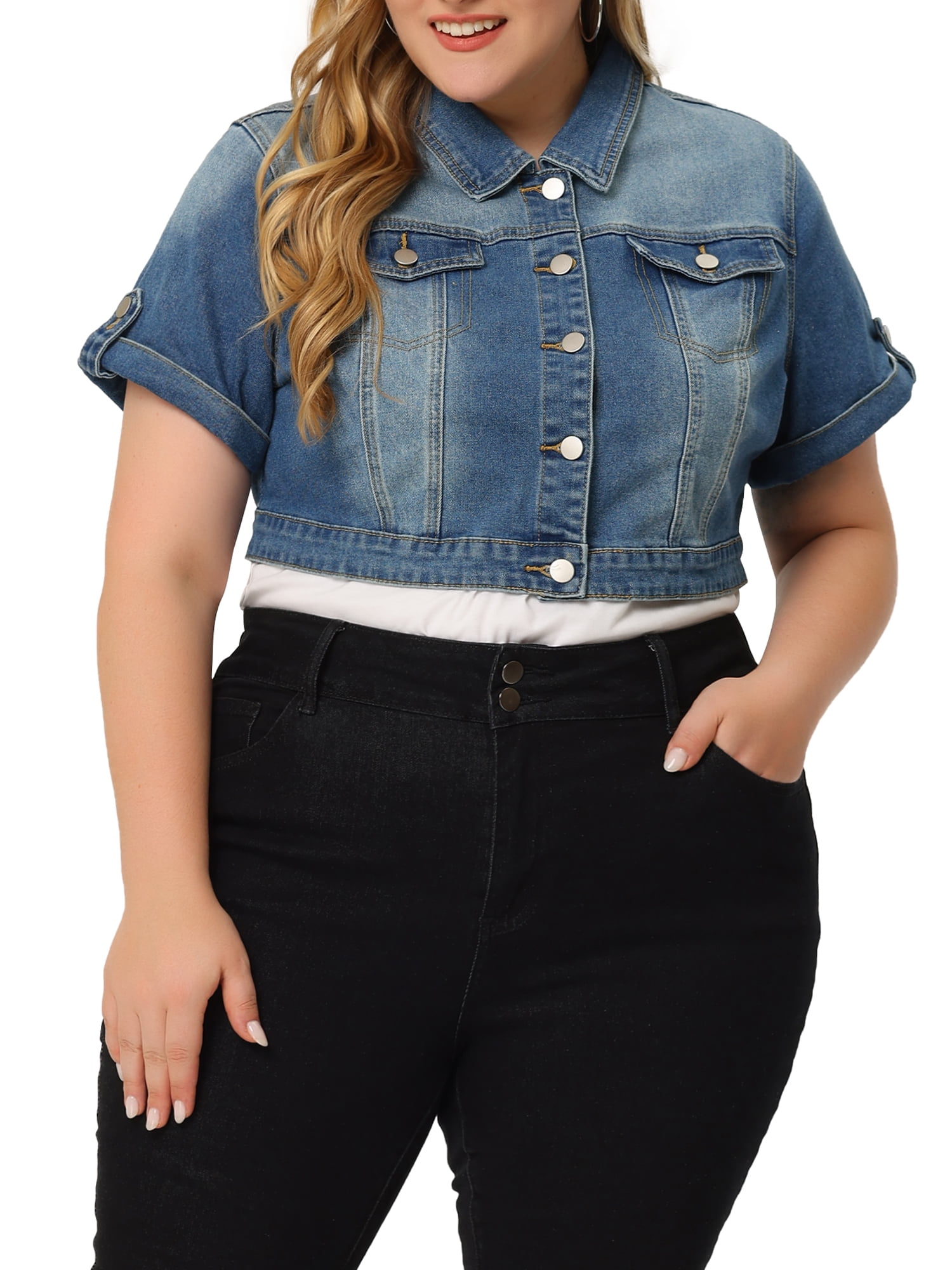 Agnes Orinda Plus Size Denim Jackets for Women Button Front Work Washed ...