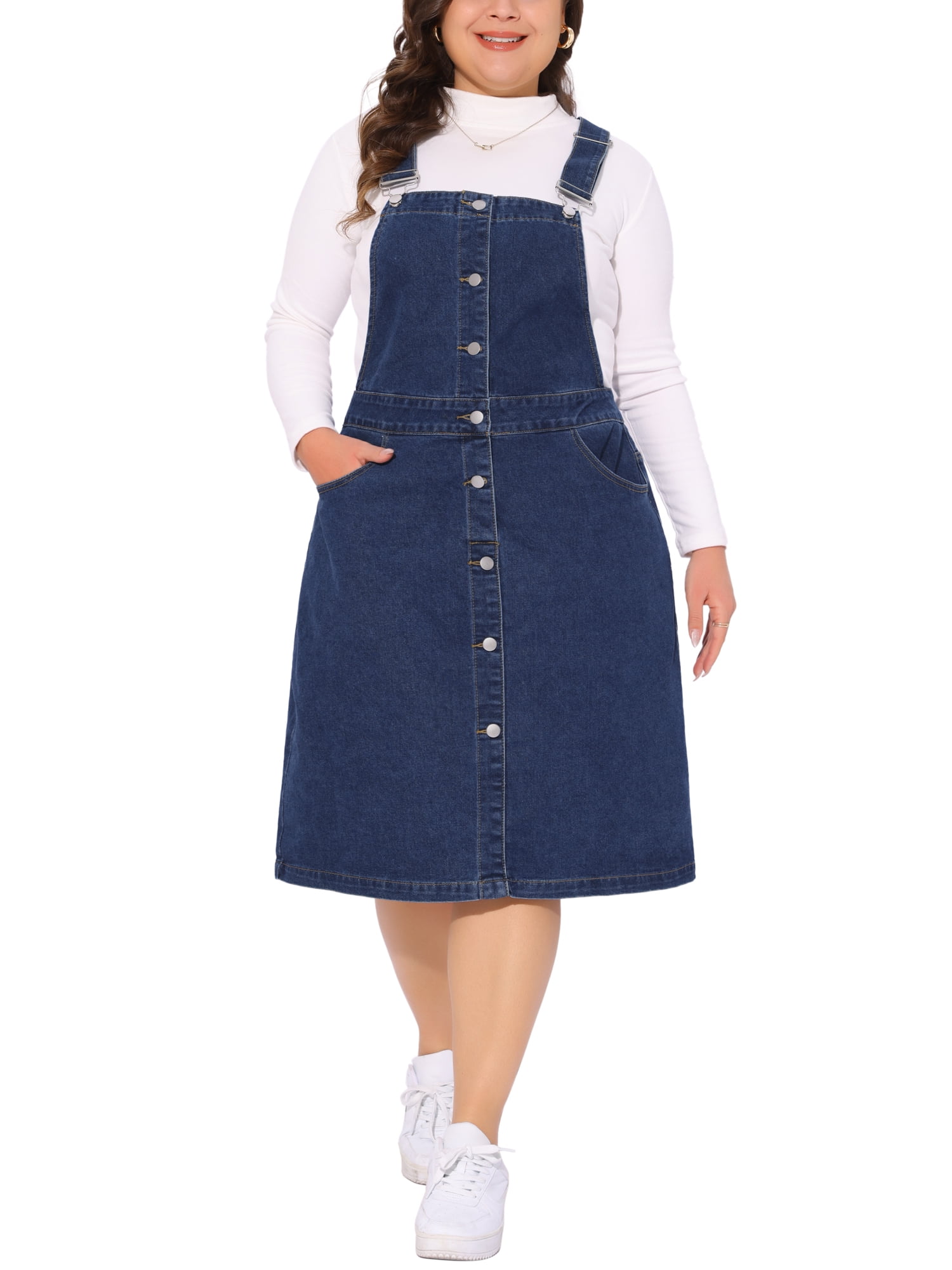 Agnes Orinda Plus Size Denim Overall Dress for Women Button Front ...