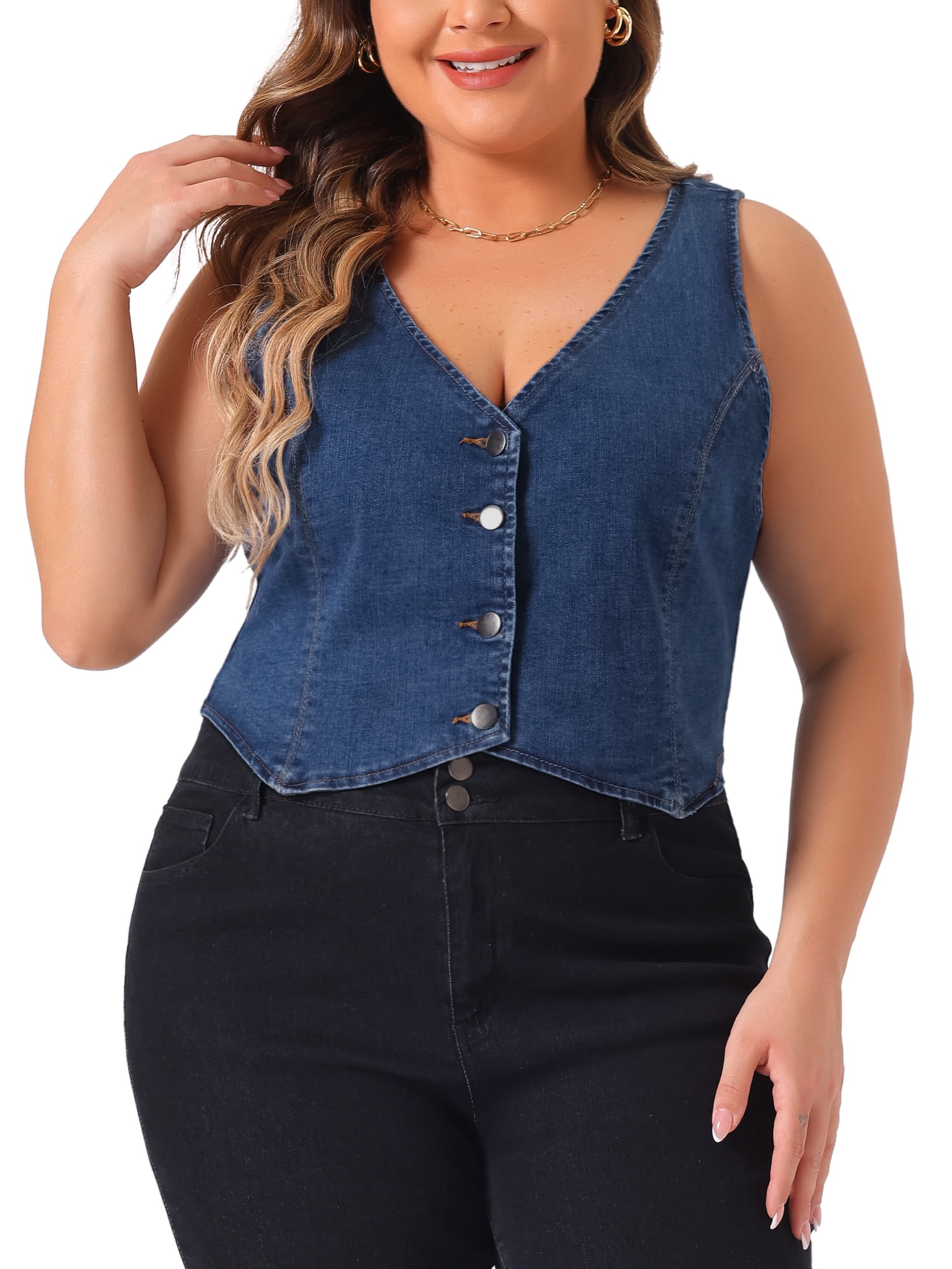 Agnes Orinda Women's Plus Size Denim Vest Sleeveless V Neck Button Down ...
