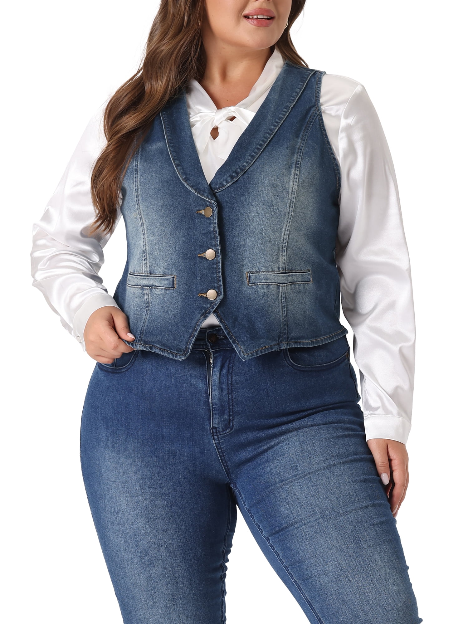 Agnes Orinda Plus Size Denim Vest for Women Sleeveless V Neck Button ...