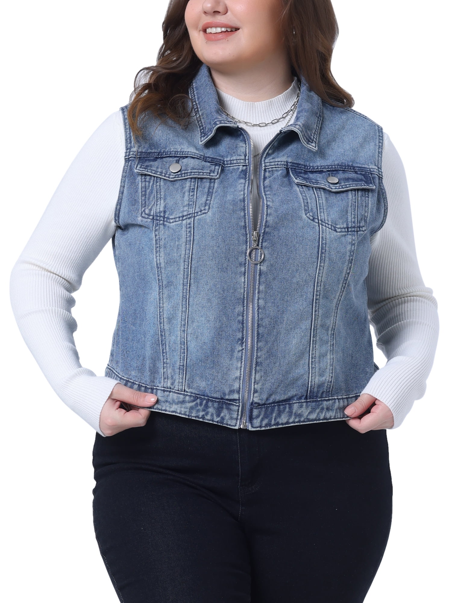 Agnes Orinda Plus Size Denim Vest for Women Sleeveless Zip Up Button ...