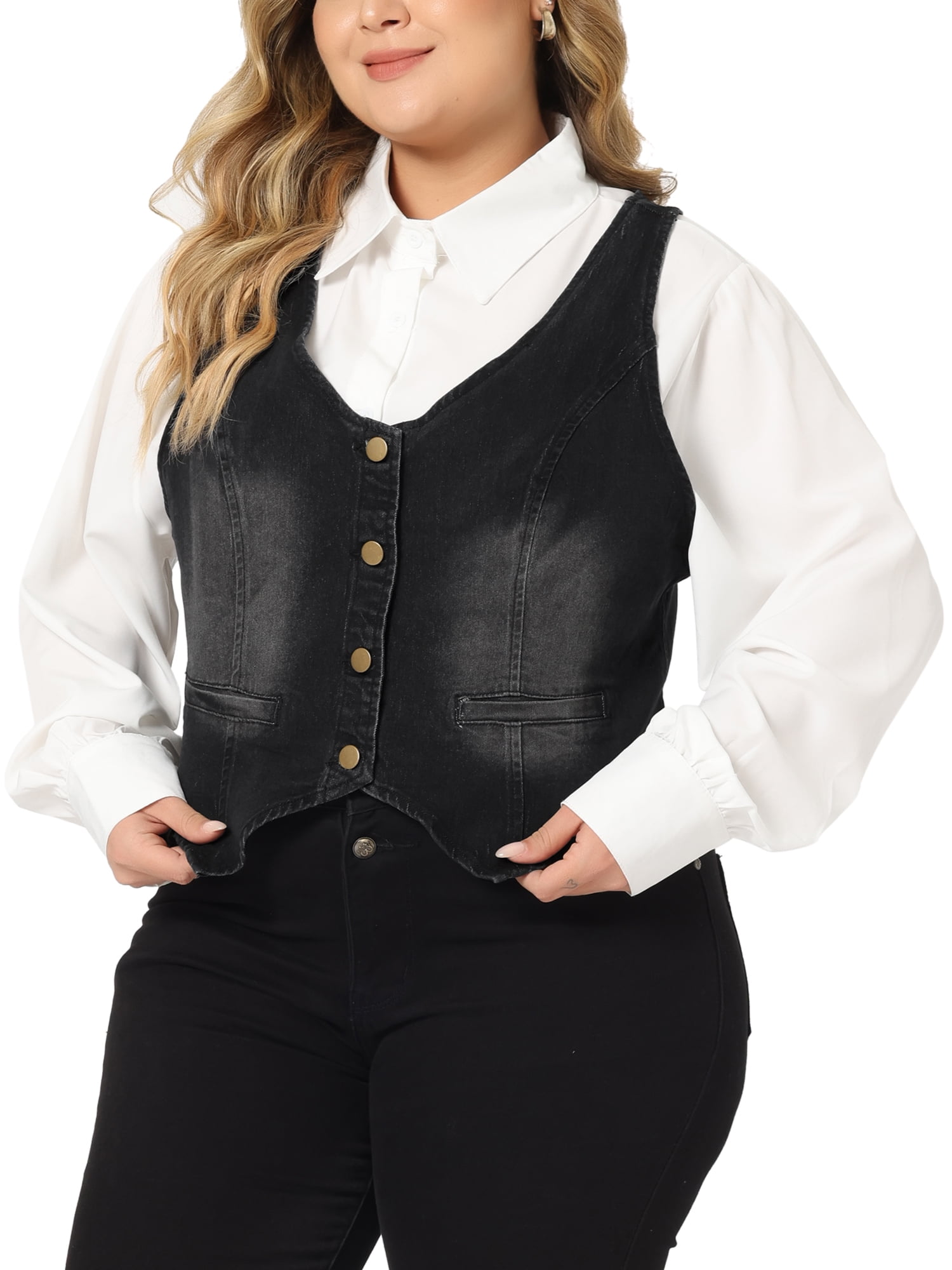 Agnes Orinda Plus Size Denim Vests for Women Vest Tops Button Down Jean ...