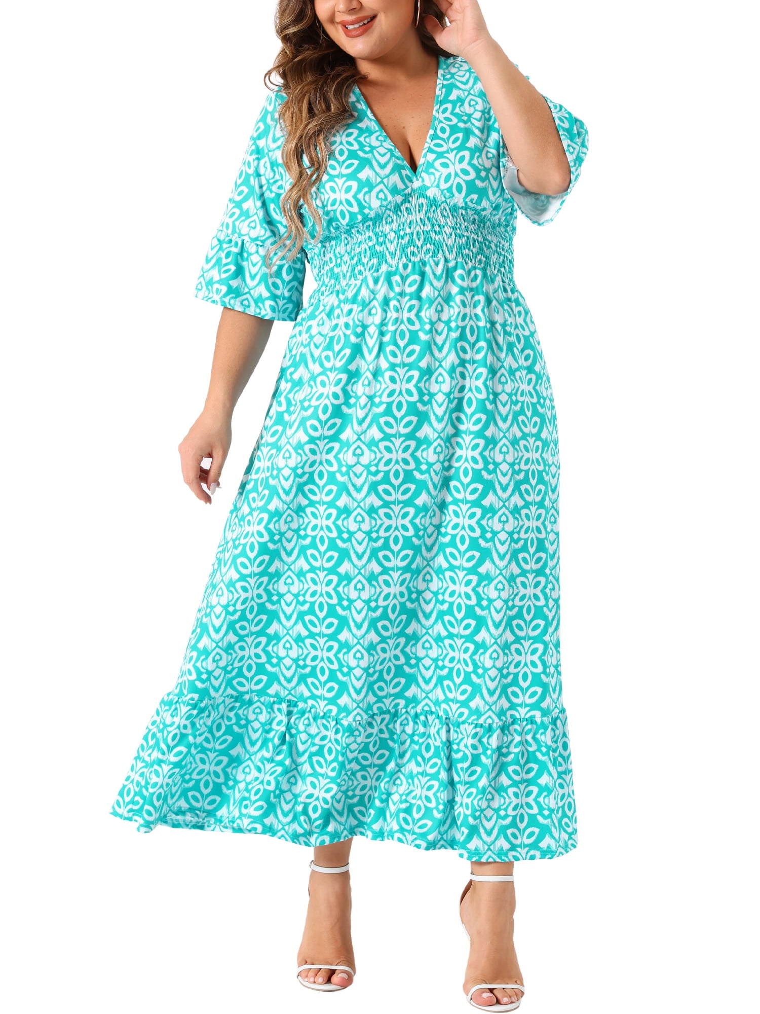 Agnes Orinda Plus Size Dress For Women Bell Sleeve Ruffled Hem V Neck