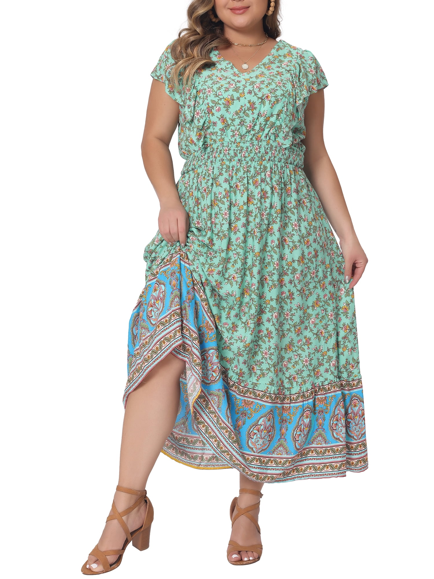 Agnes Orinda Plus Size Dress for Women Boho Floral Dresses V Neck ...