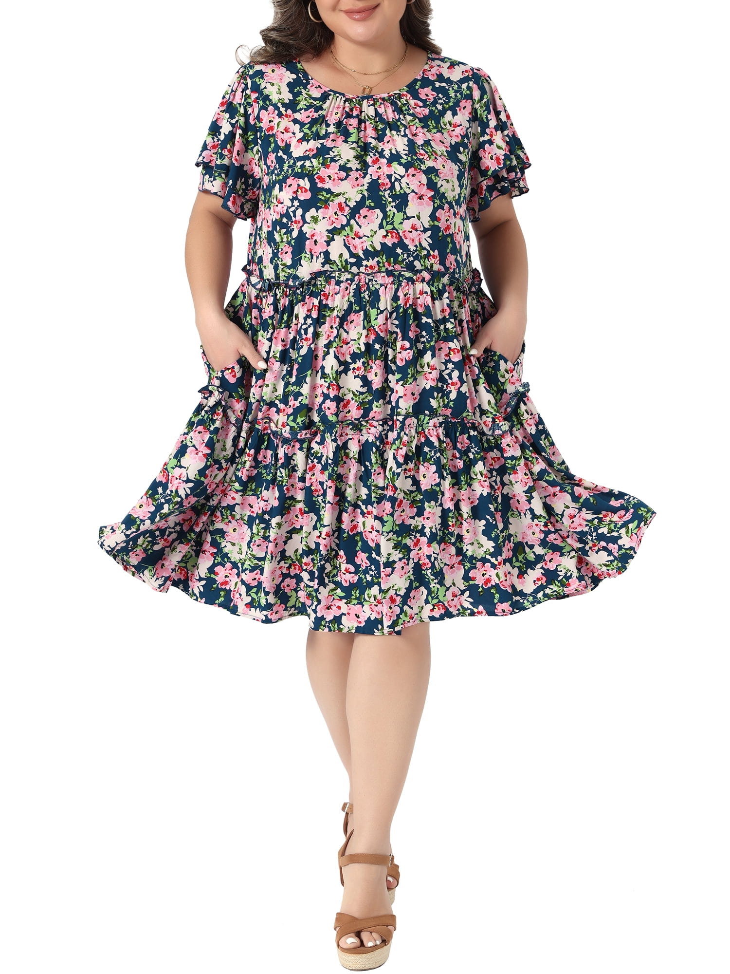 Agnes Orinda Women's Plus Size Floral Dresses Crew Neck Ruffle Short ...