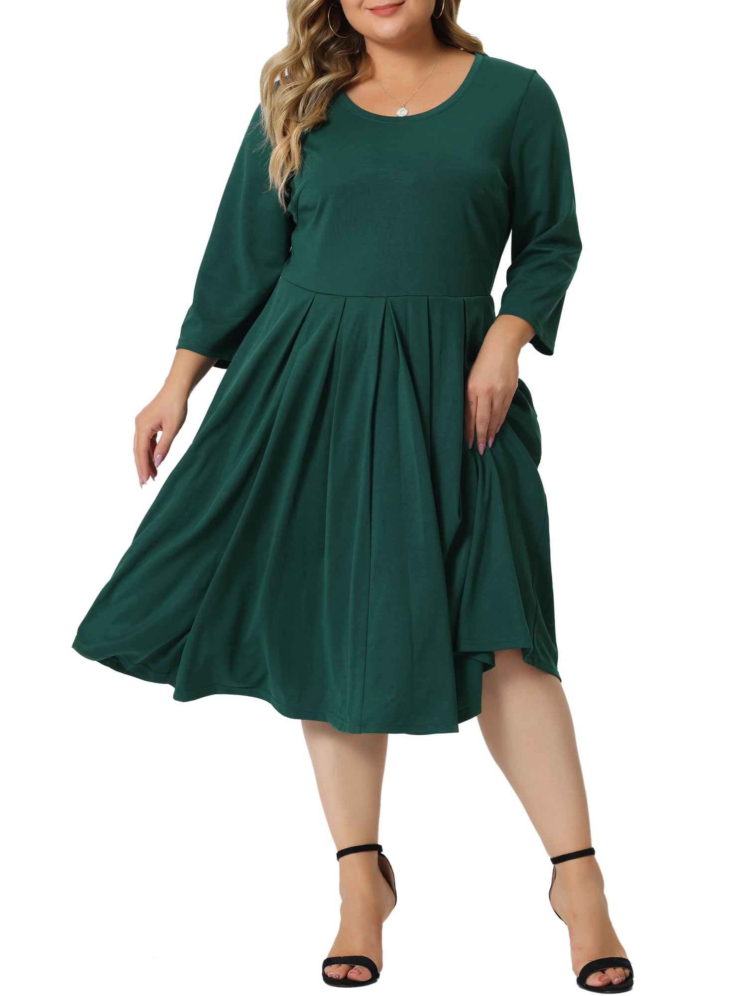 Agnes Orinda Plus Size Ruched Flare Midi Dress with Pocket T-Shirt ...