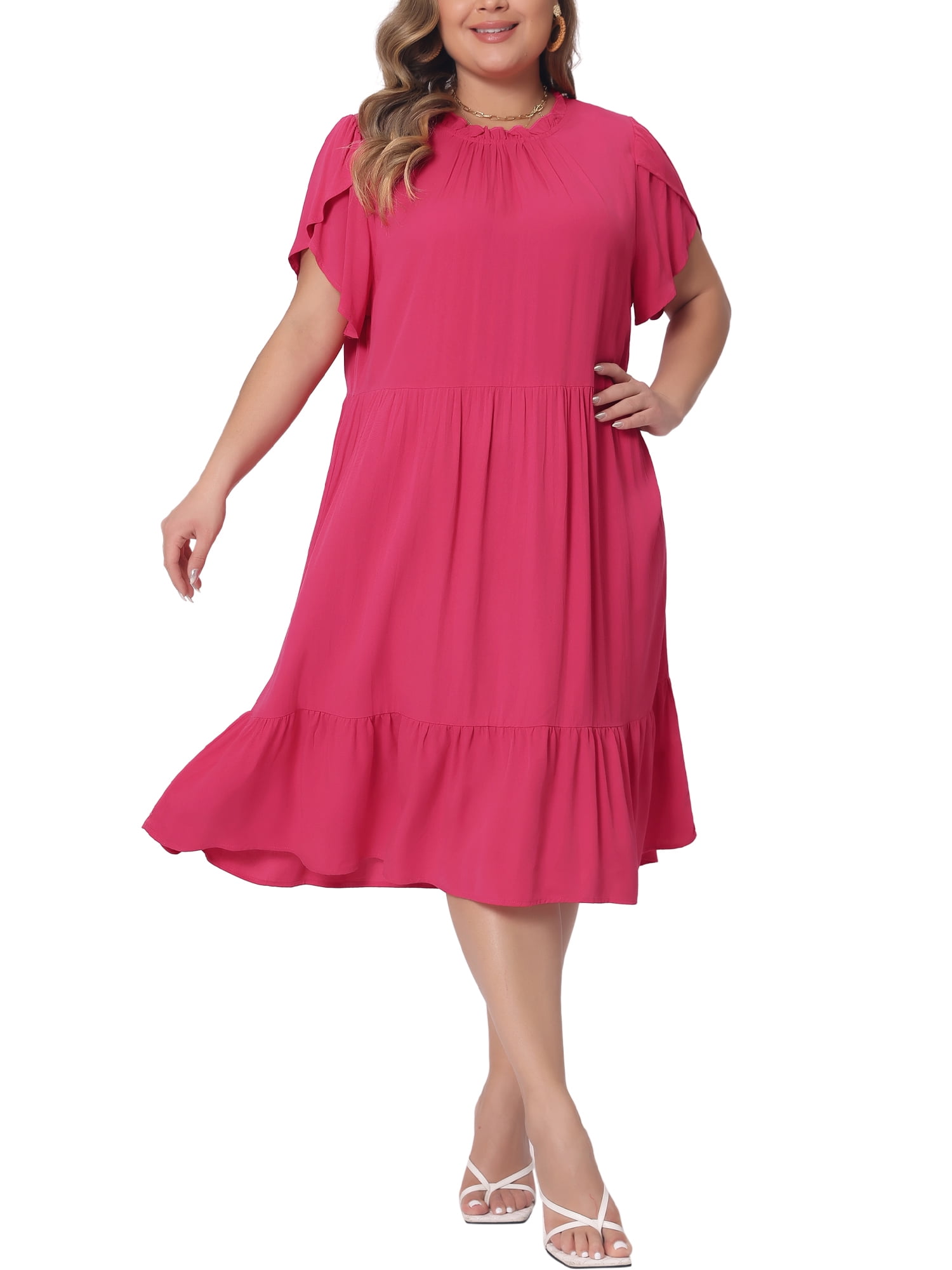Agnes Orinda Plus Size Dress for Womens Tie Back Petal Sleeve Mock Neck ...