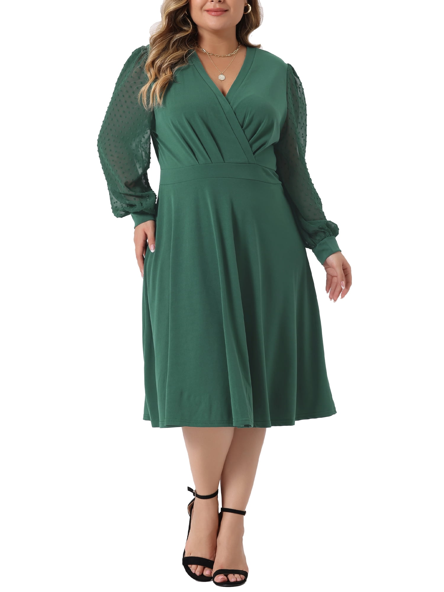 Agnes Orinda Women's Plus Size Dress Long Sleeve Swiss Dots V Neck Wrap ...