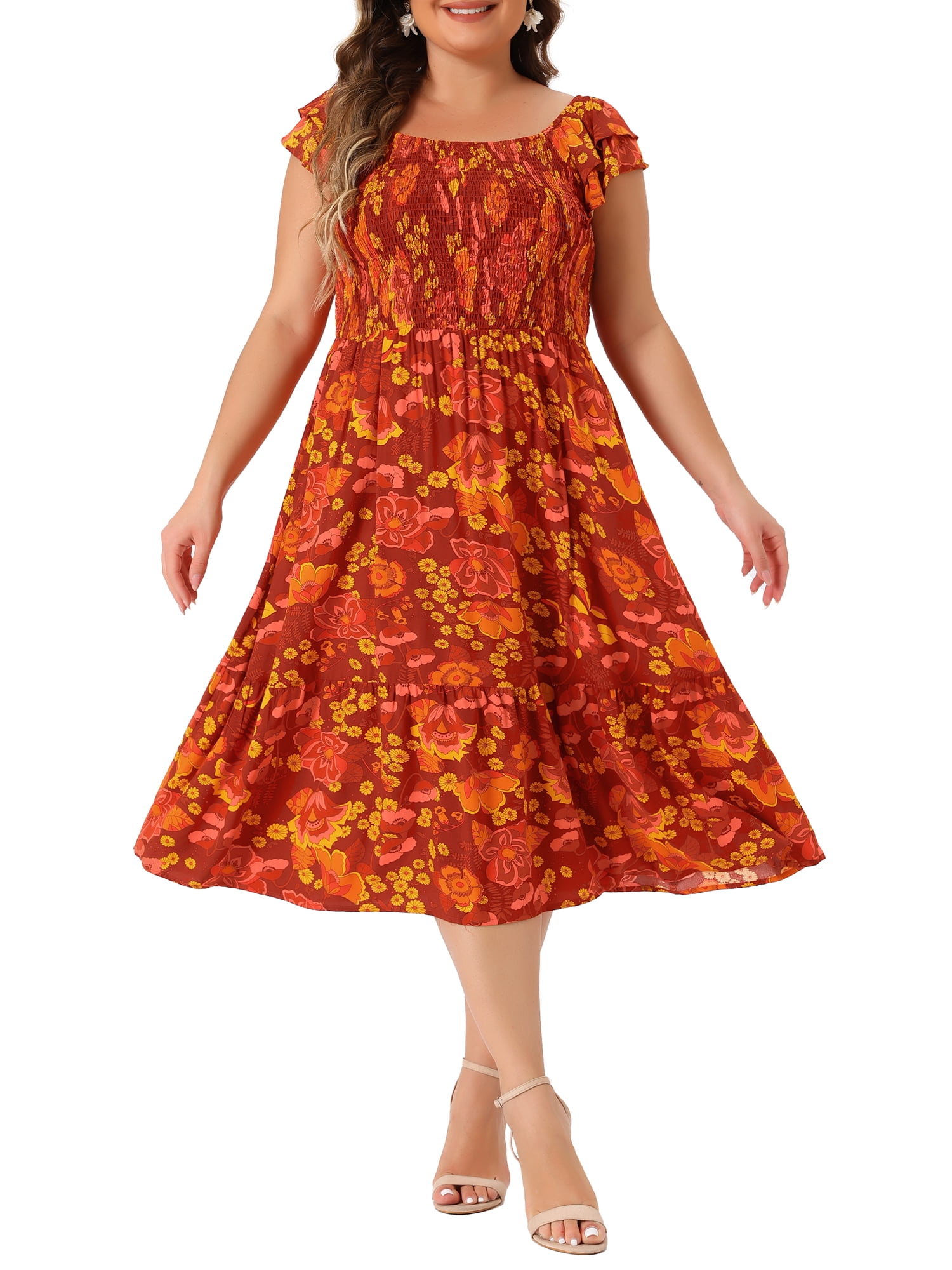 Agnes Orinda Plus Size Dresses for Women Square Neck Flutter Sleeve Smocked Flowy Summer Midi ...