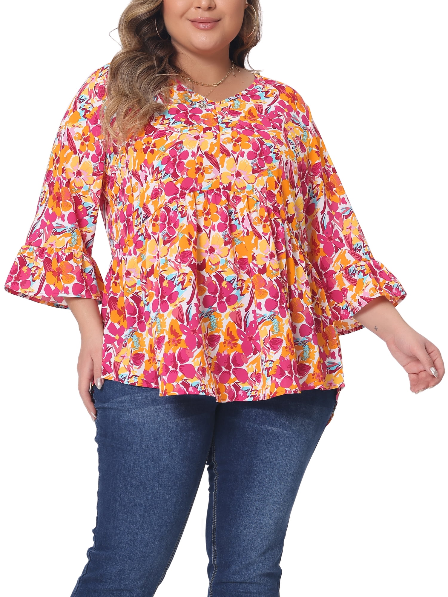 Agnes Orinda Women's Plus Size Floral Blouses V Neck Ruffle 3/4 Sleeves ...