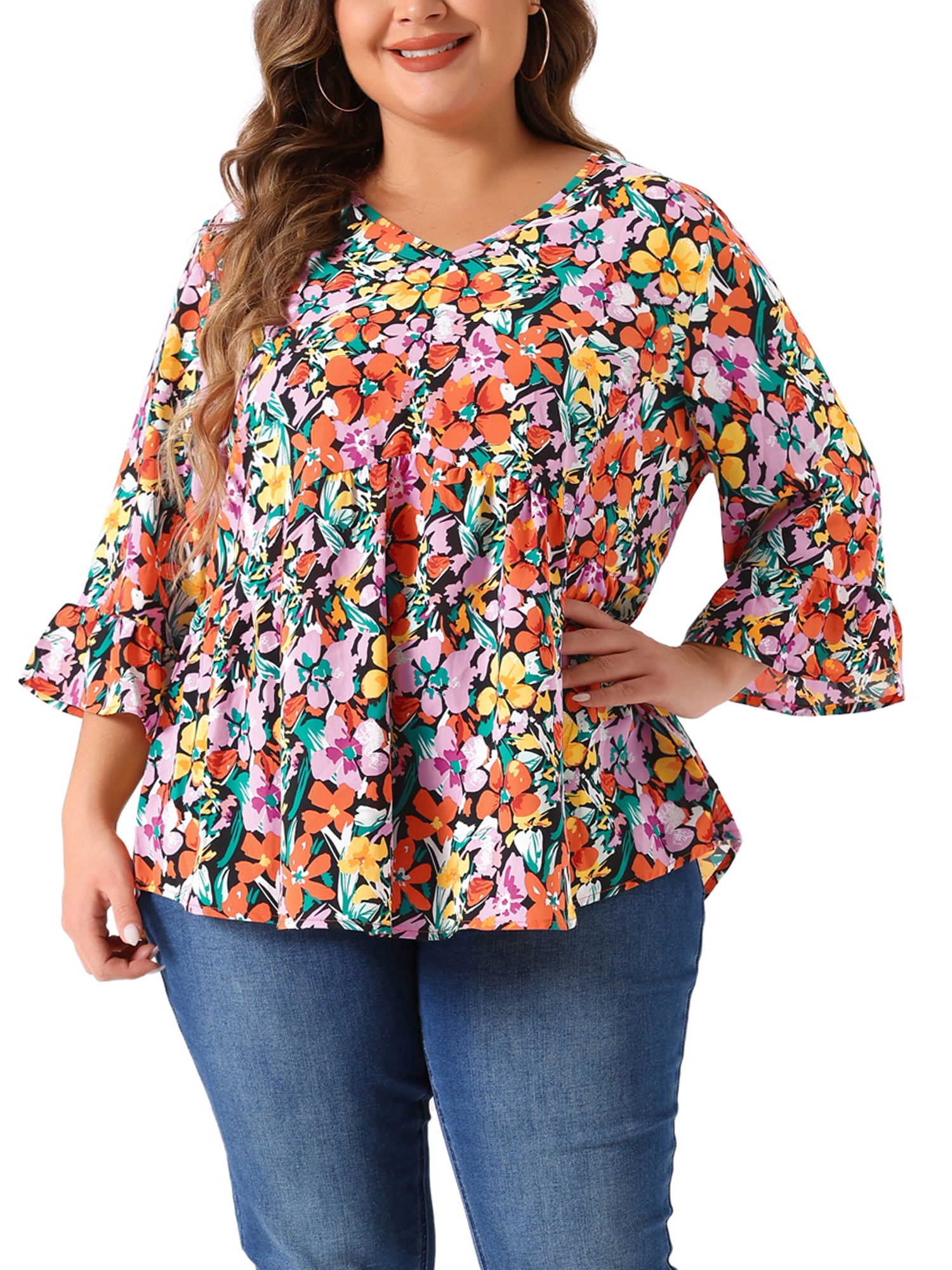 Agnes Orinda Women's Plus Size Floral Blouses V Neck Ruffle 3/4 Sleeves ...