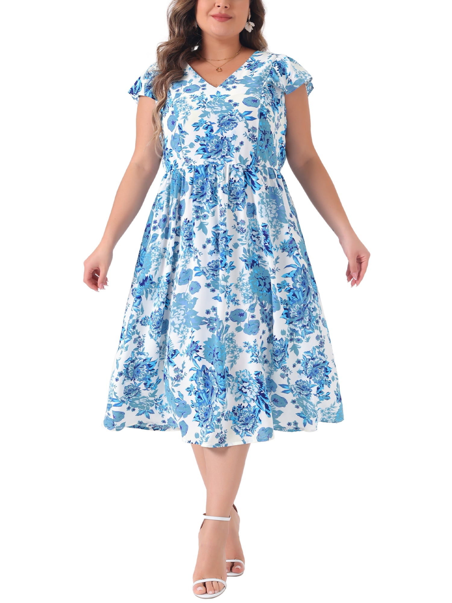Agnes Orinda Women's Plus Size Floral Dress Ruffle Short Sleeves Tie ...