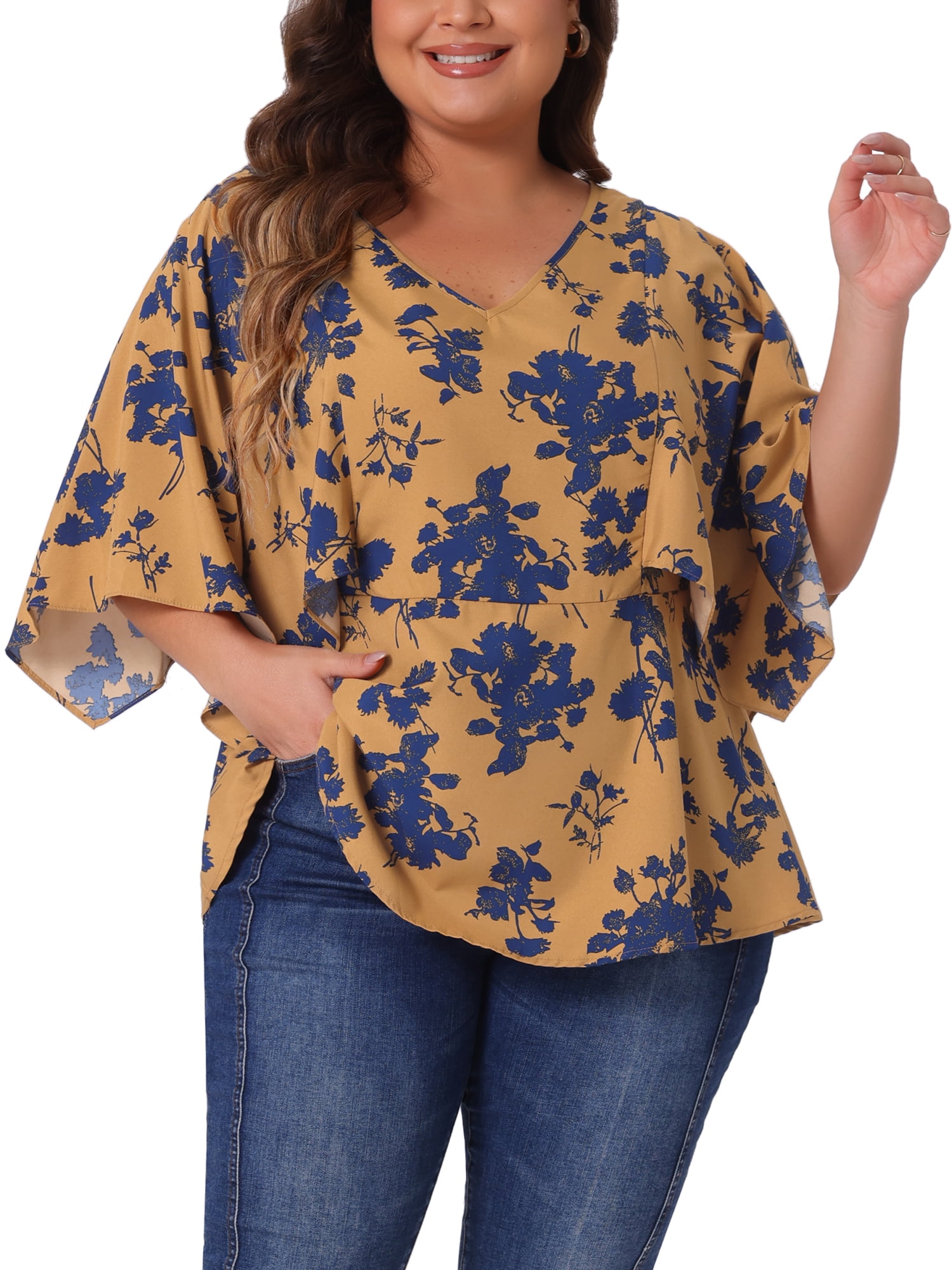 Agnes Orinda Plus Size Floral Tops for Women V Neck Flowy Sleeve Loose ...