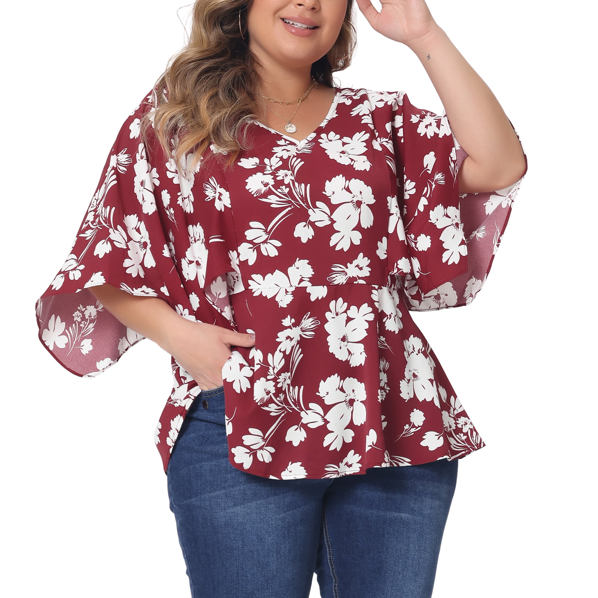 Agnes Orinda Women's Plus Size Floral Tops V Neck Flowy 3/4 Sleeve ...