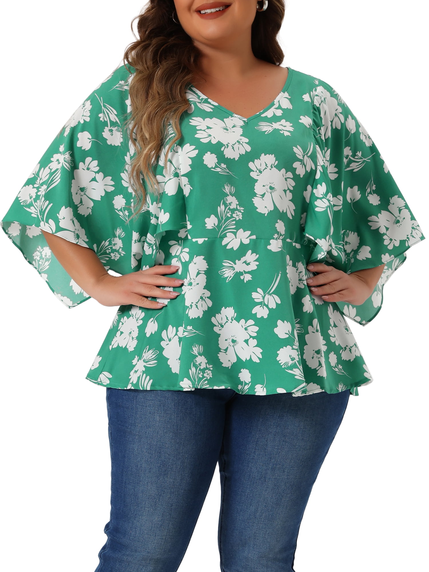 Agnes Orinda Plus Size Floral Tops for Women V Neck Flowy Sleeve Loose ...